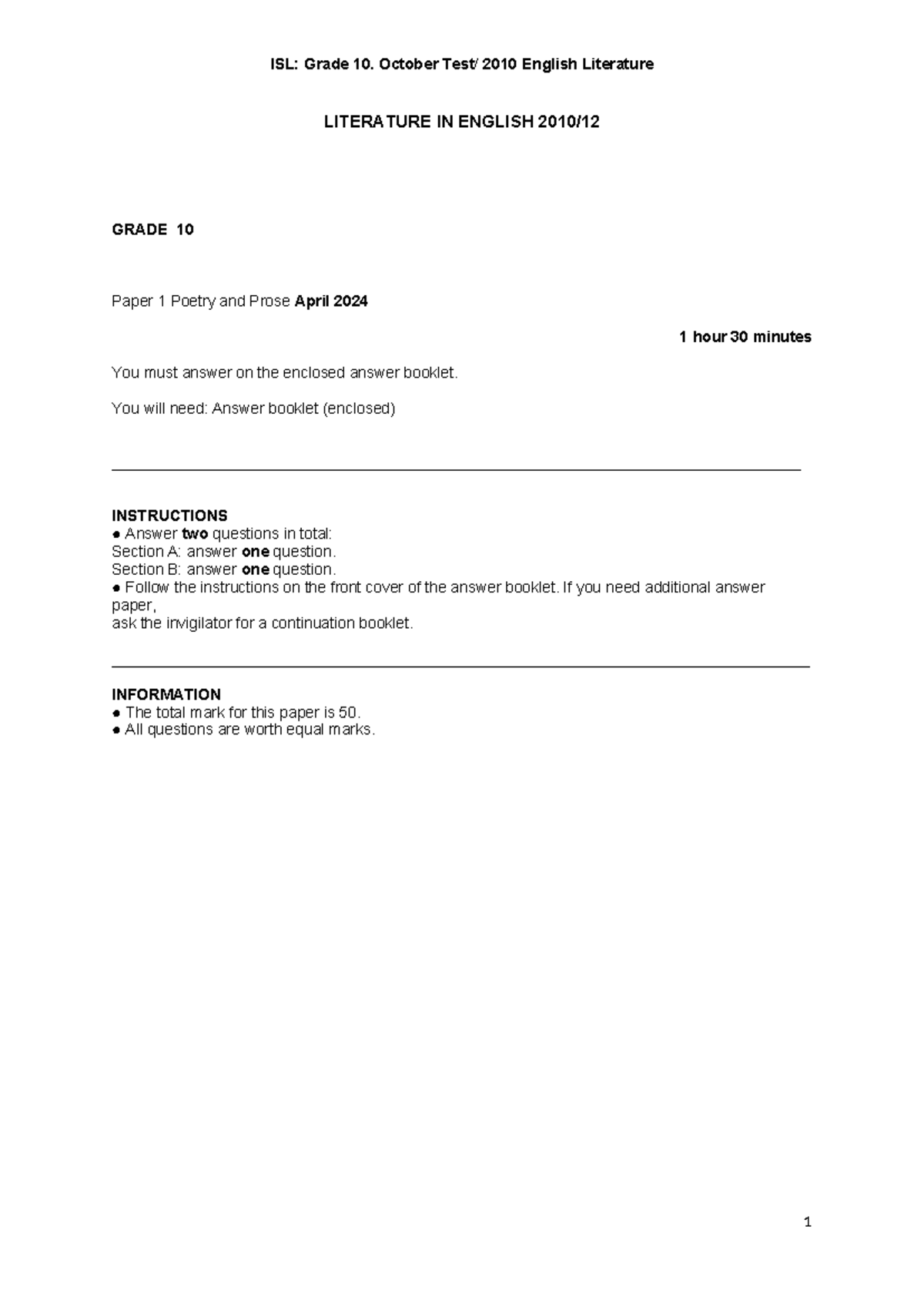 ISL. Grade 10. Prose and Poetry.Oct 2024 - LITERATURE IN ENGLISH 2010 ...
