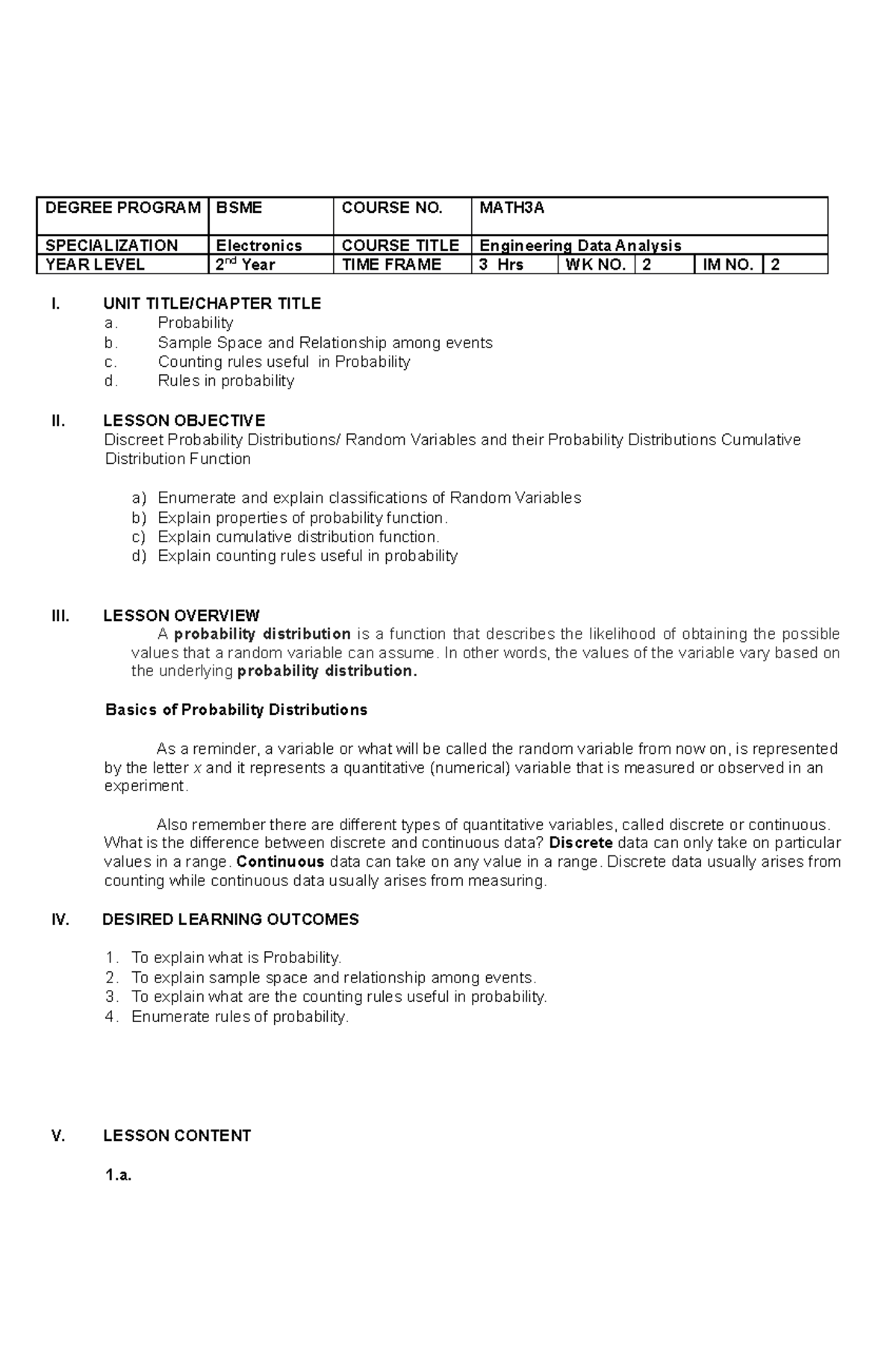 Data module 2 ECE - DATA ANALYSIS NOTES - DEGREE PROGRAM BSME COURSE NO ...