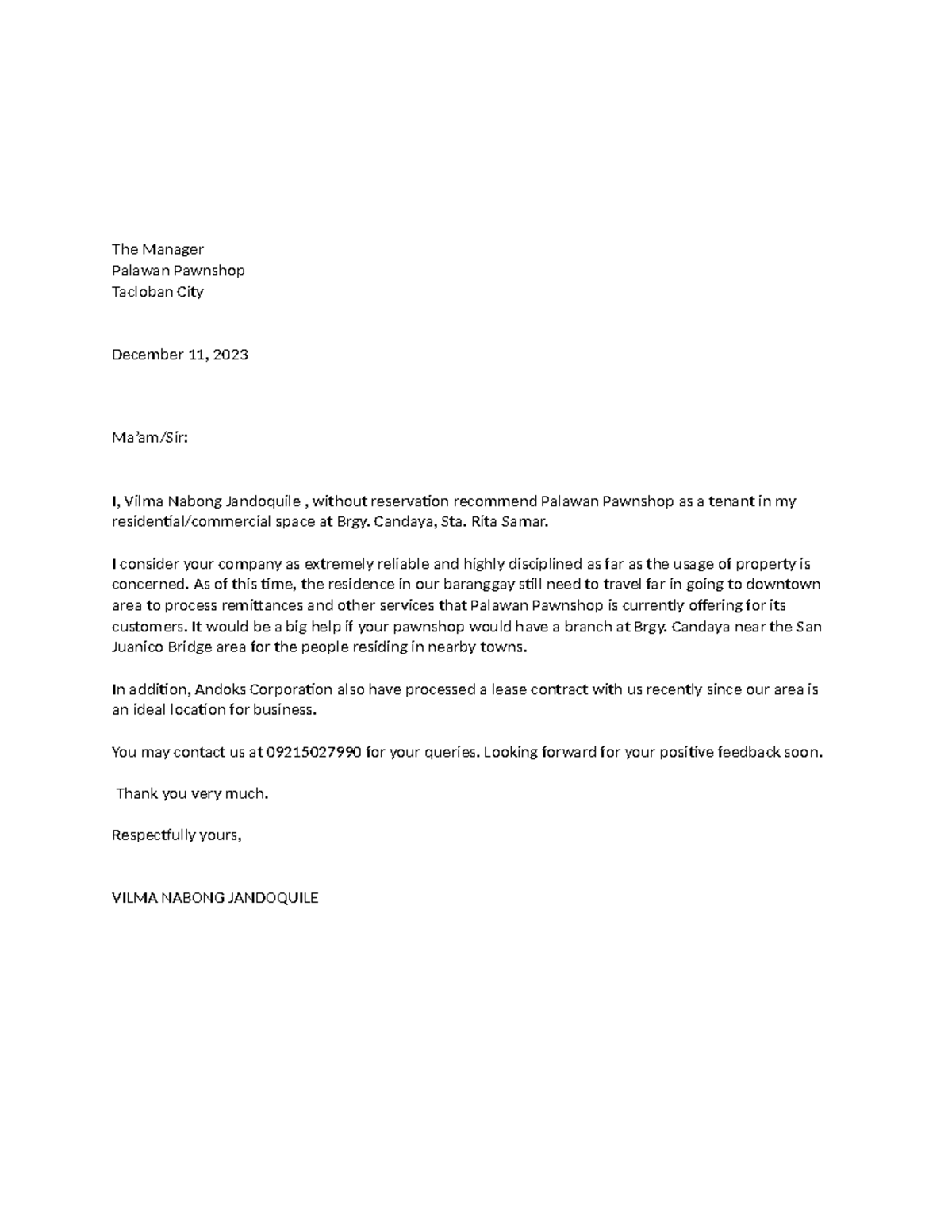 Letter - none - The Manager Palawan Pawnshop Tacloban City December 11 ...