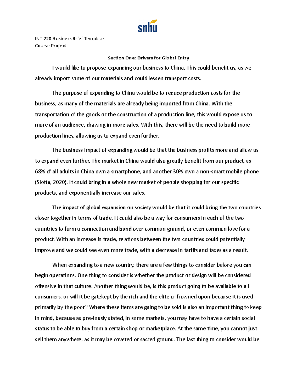 Milestone 2 - INT 220 Business Brief Template Course Project Section ...