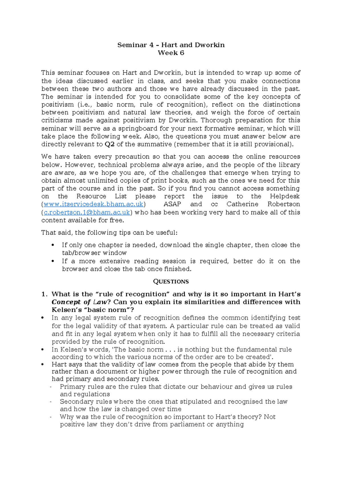 Seminar 4 Sheet - Summary Legal Theory - Seminar 4 – Hart and Dworkin ...