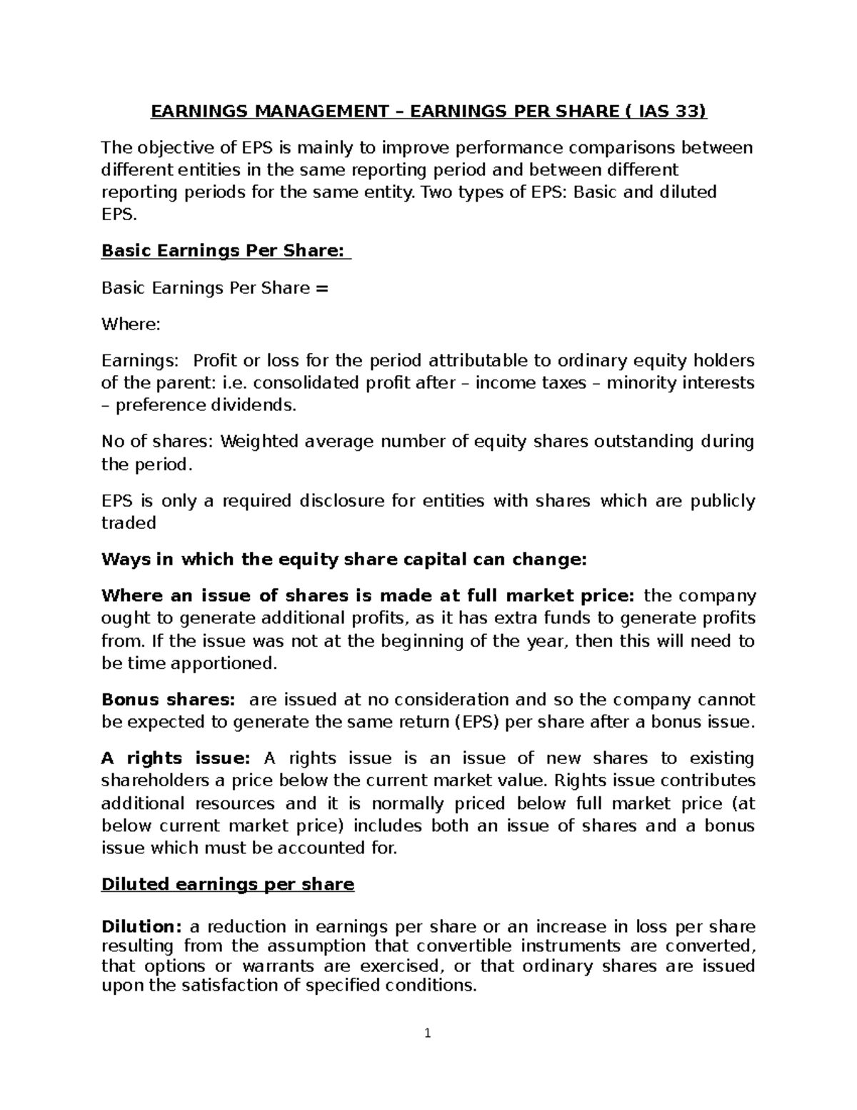 Earnings Management - EARNINGS MANAGEMENT – EARNINGS PER SHARE ( IAS 33 ...