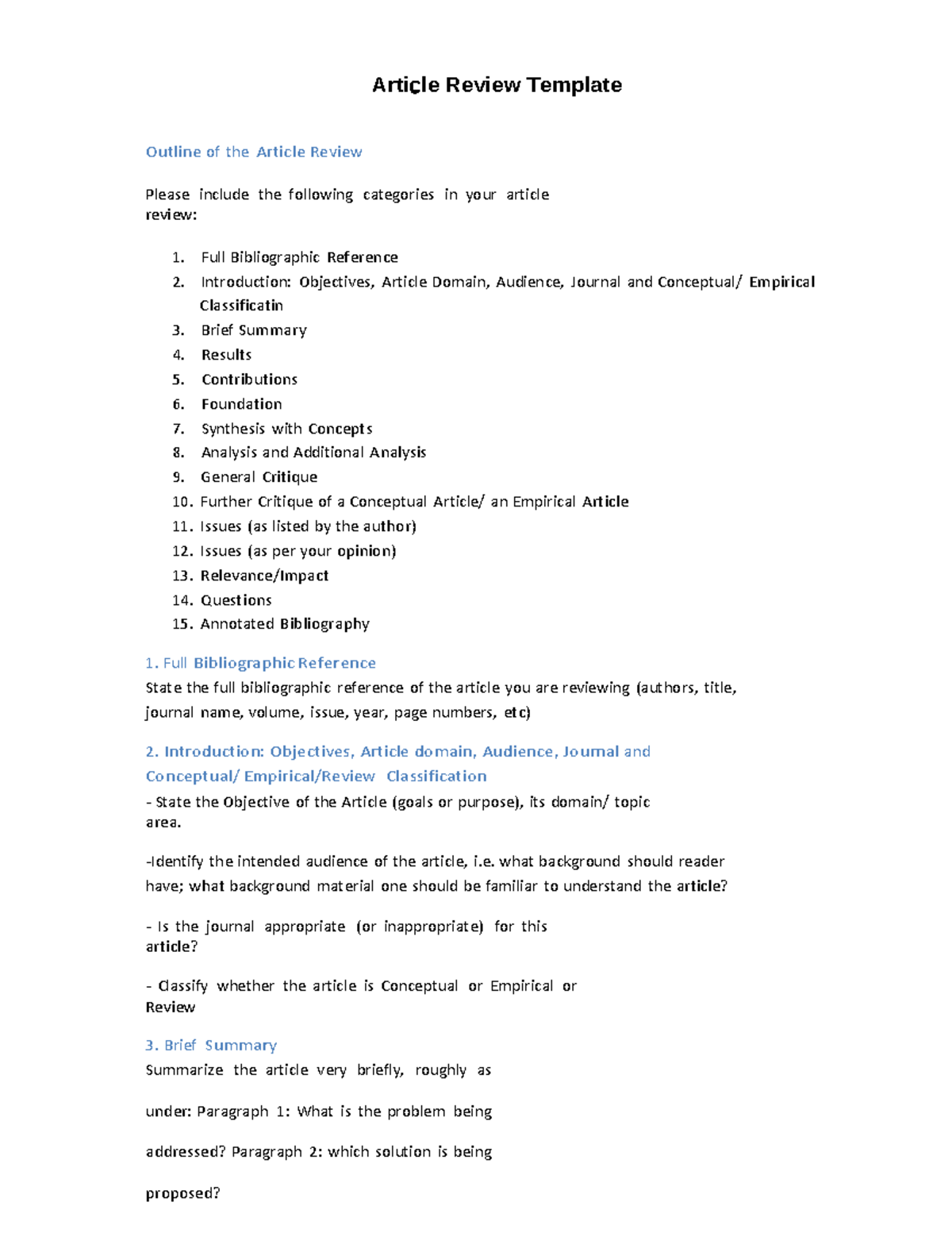 Article-review-template - Format fo rReview A rt i c l e Outline of the ...