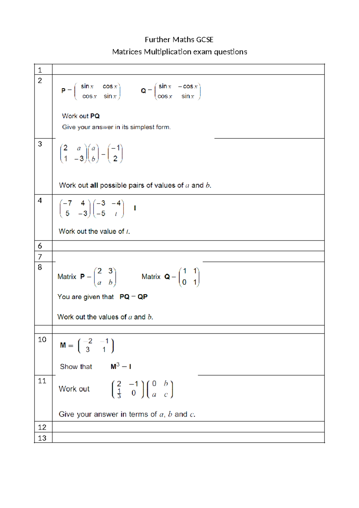 Matrices multiplication Exam Questions - Further Maths GCSE Matrices ...