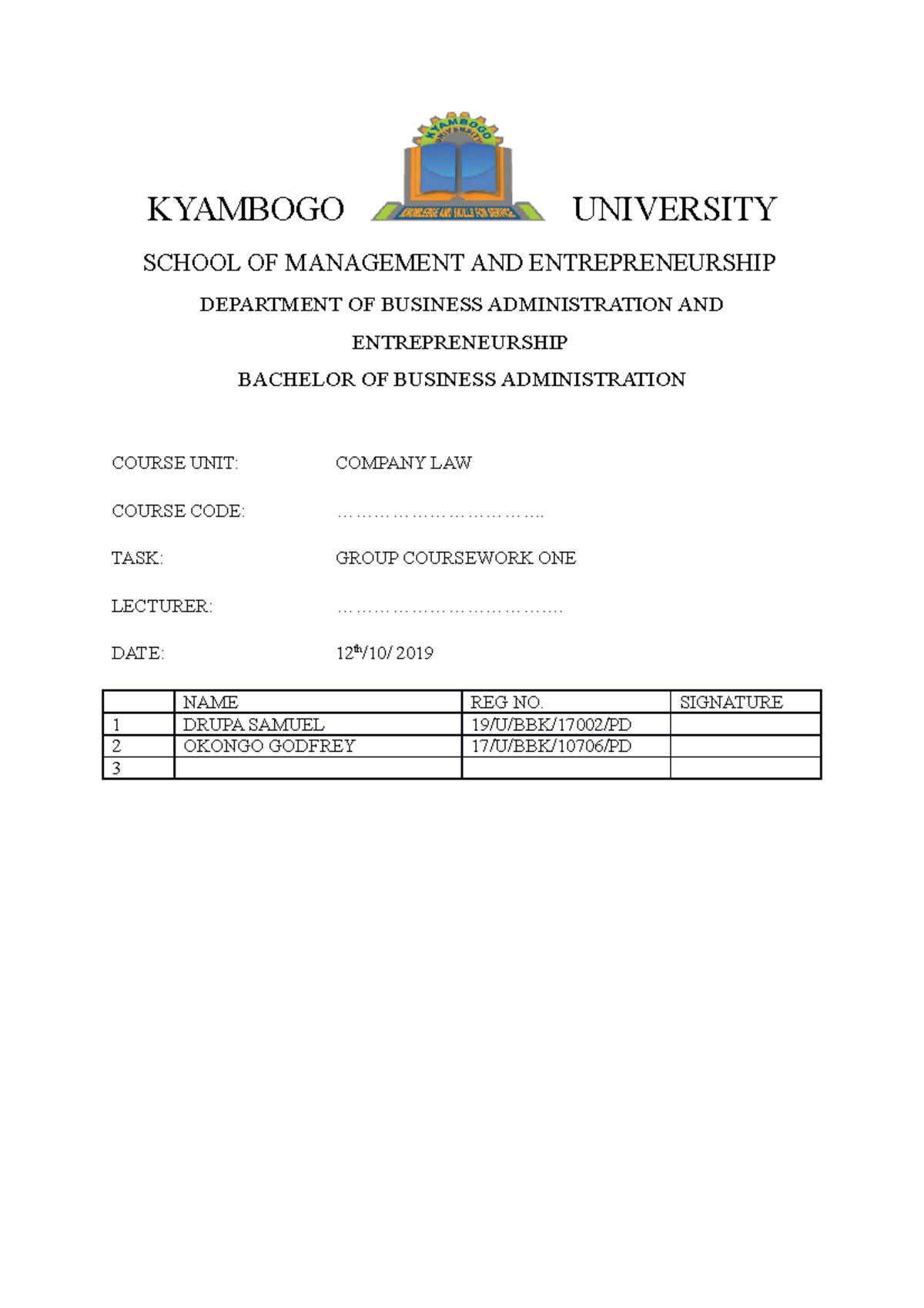 Legal rights 2 - coursework - KYAMBOGO UNIVERSITY SCHOOL OF MANAGEMENT ...
