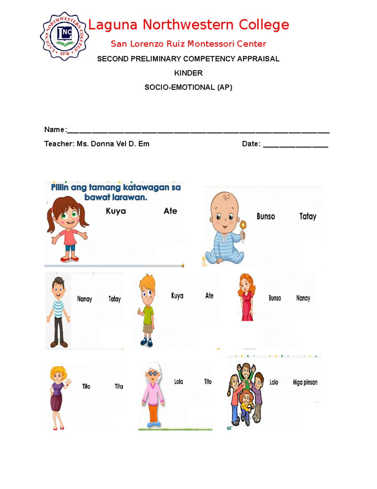 2ND QRT. Kinder EXAM - AP(Socio-Emotional) - Laguna Northwestern ...