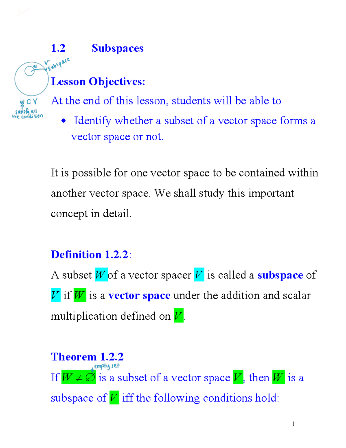 Chapter 1.2 (subspace) - 1 Subspaces Lesson Objectives: At the end of ...