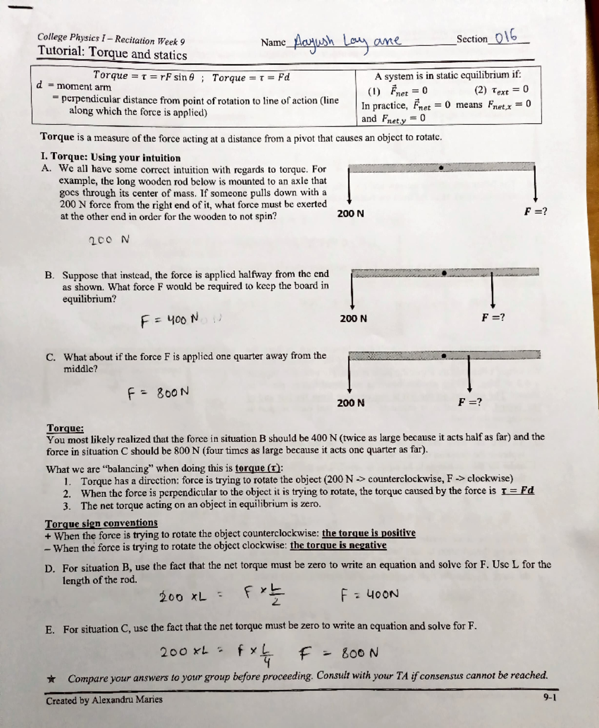 Physics recitation week 9 - College Physics I- Recitation Week ####### Tutorial: Torque and ...