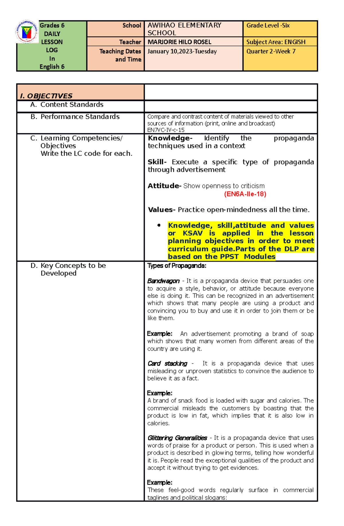 Q2W6 Distinguishing Propaganda - Grades 6 DAILY LESSON LOG In English 6 ...