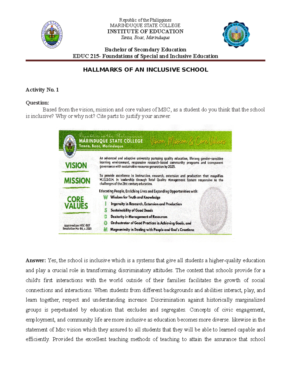 Hallmarks OF AN Inclusive School-Activity Sheet - MARINDUQUE STATE ...
