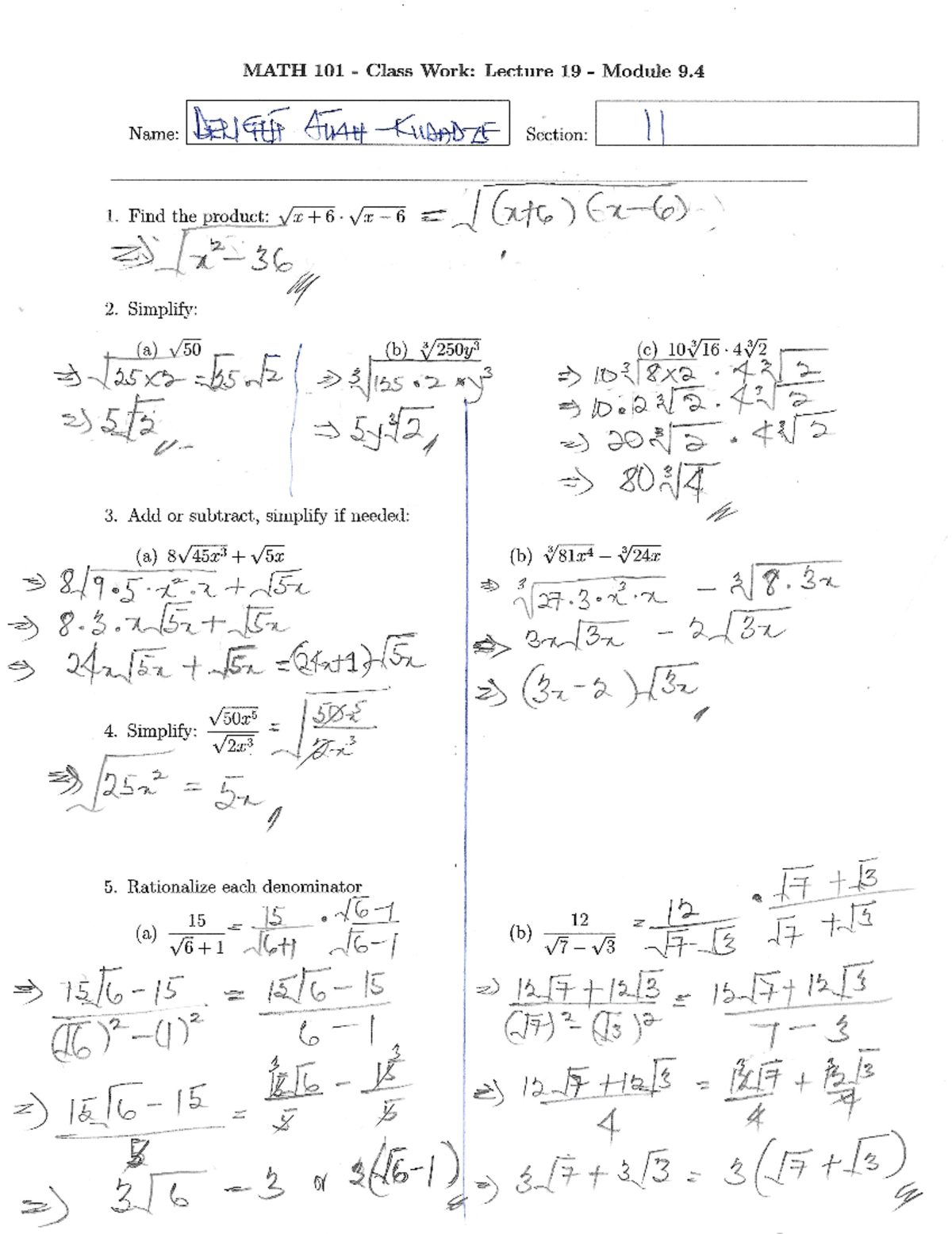 Classwork 19 - MATH 101 - Studocu