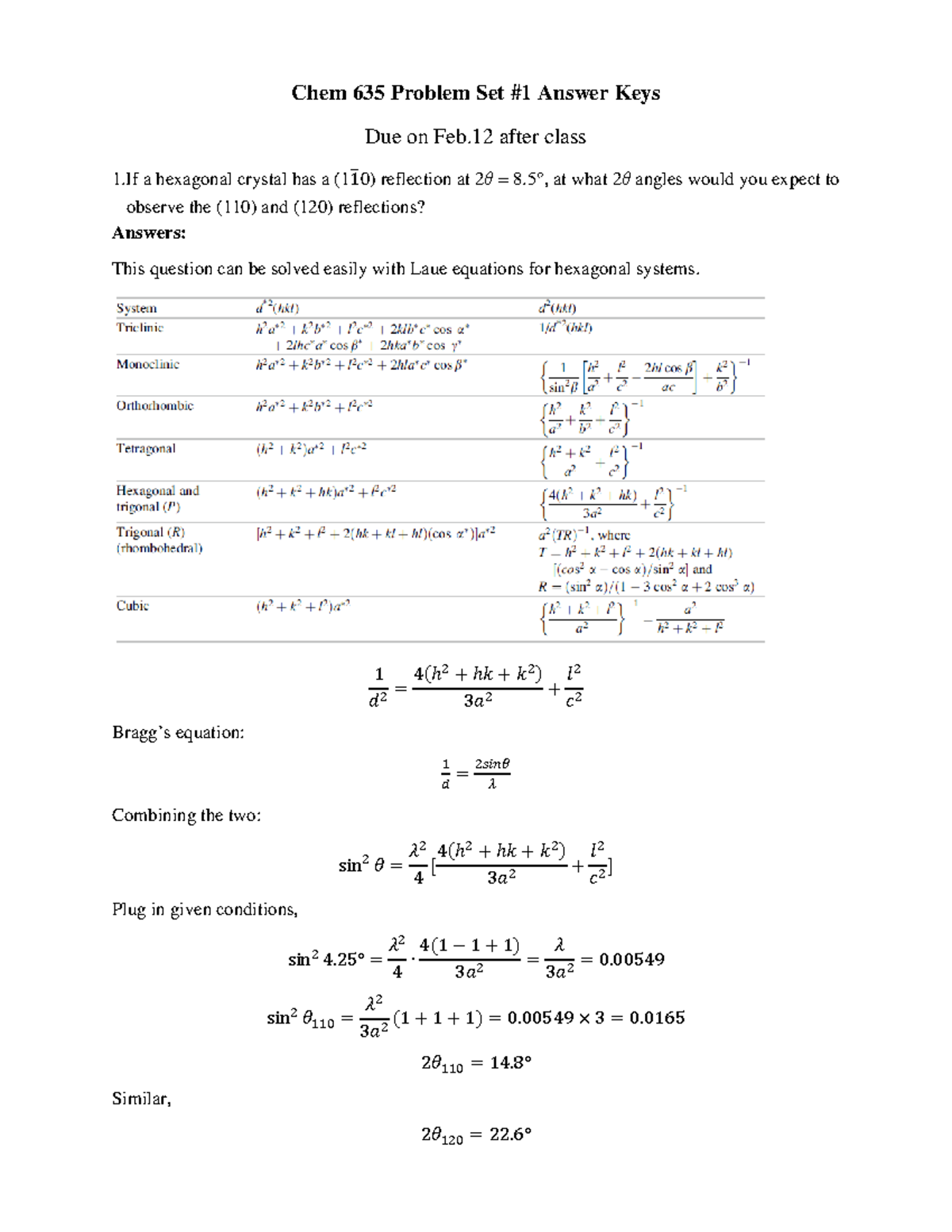 19 Problem Set #1 Answer keys - Chem 635 Problem Set #1 Answer Keys Due ...