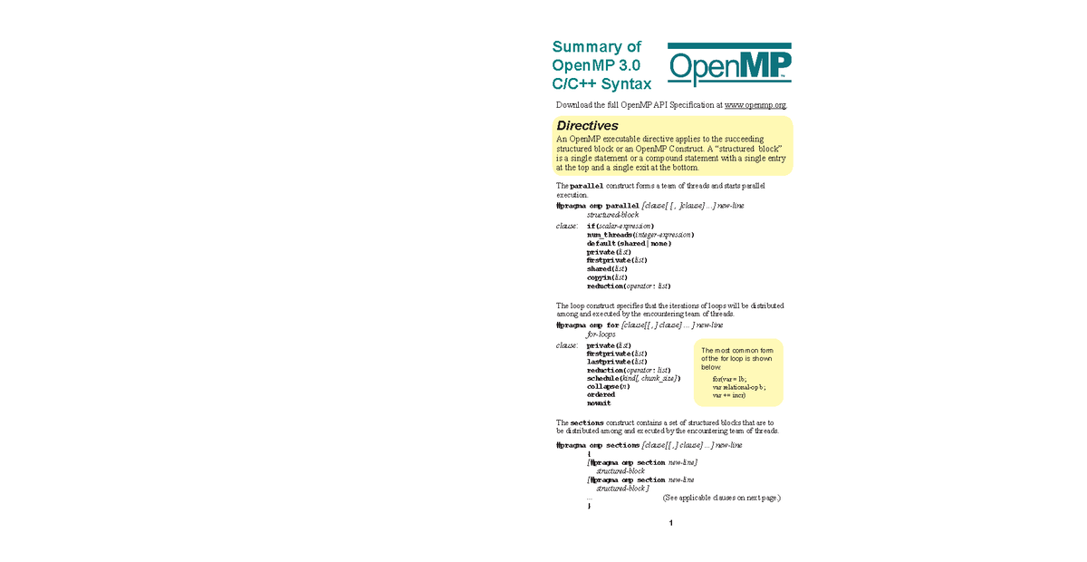 Open MP 3 - None - Summary of OpenMP 3. C/C++ Syntax Download the full ...
