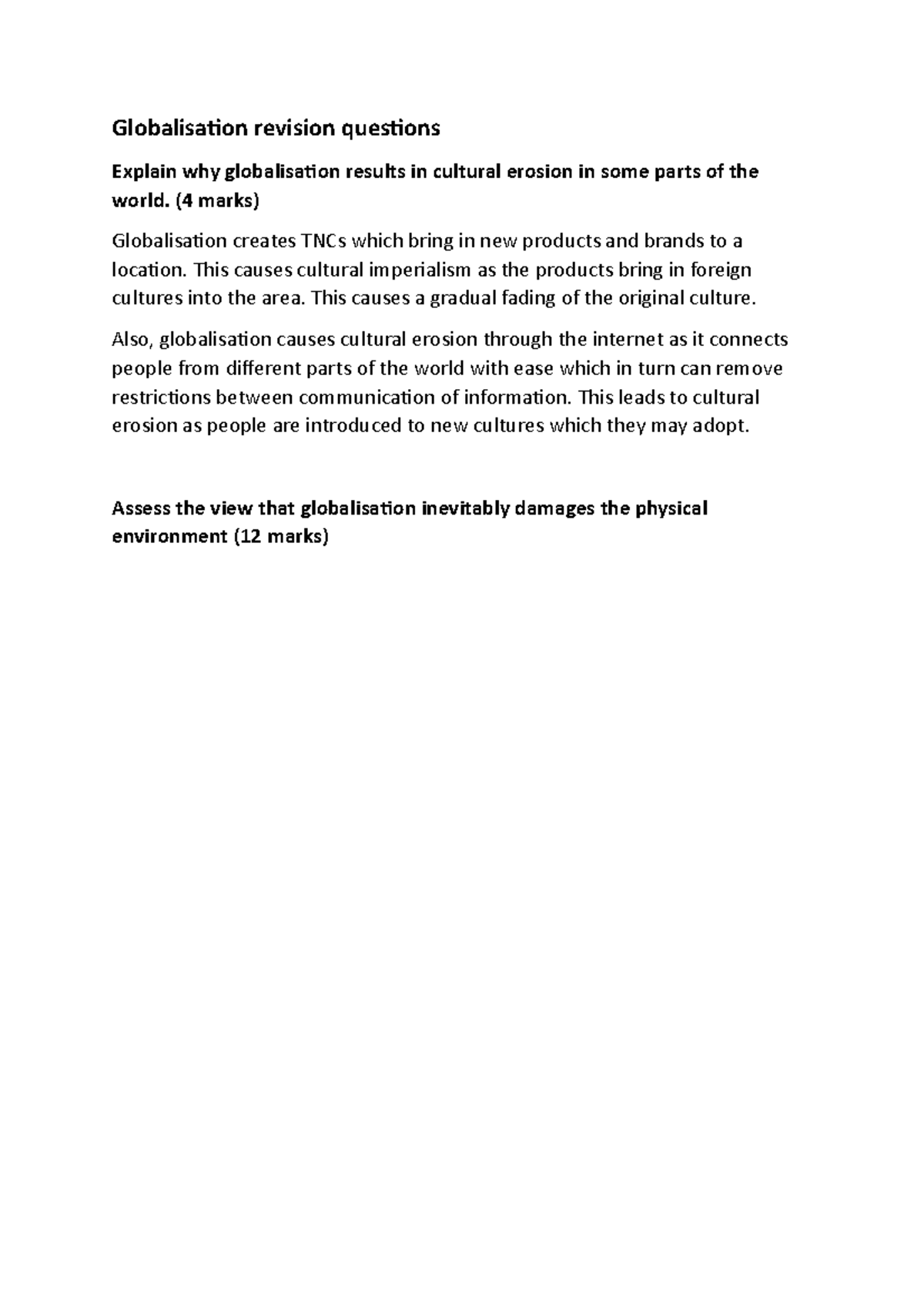 Globalisation revision questions - Globalisation revision questions ...