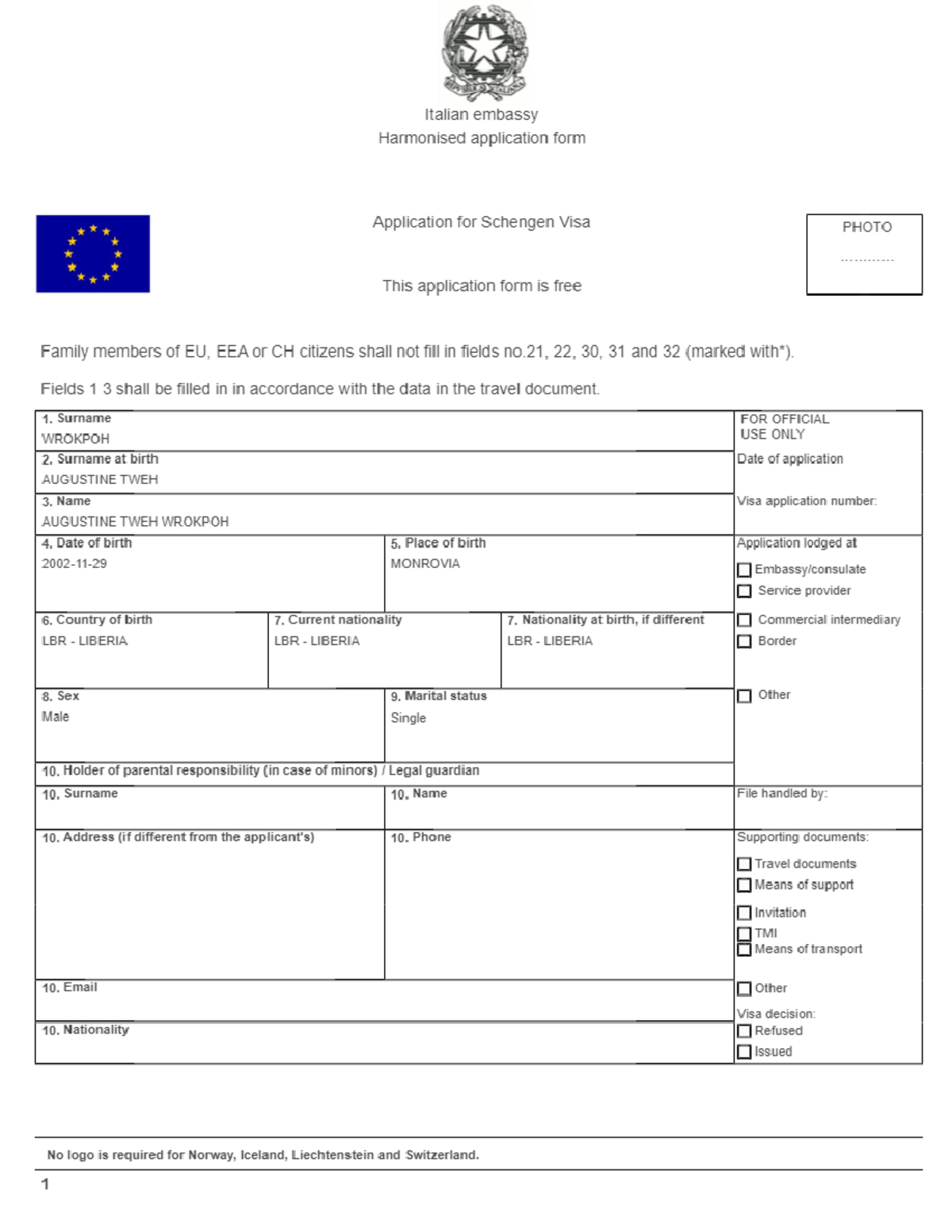 Augustine TWEH Wrokpoh Italy FORM - Italian embassy Harmonised ...