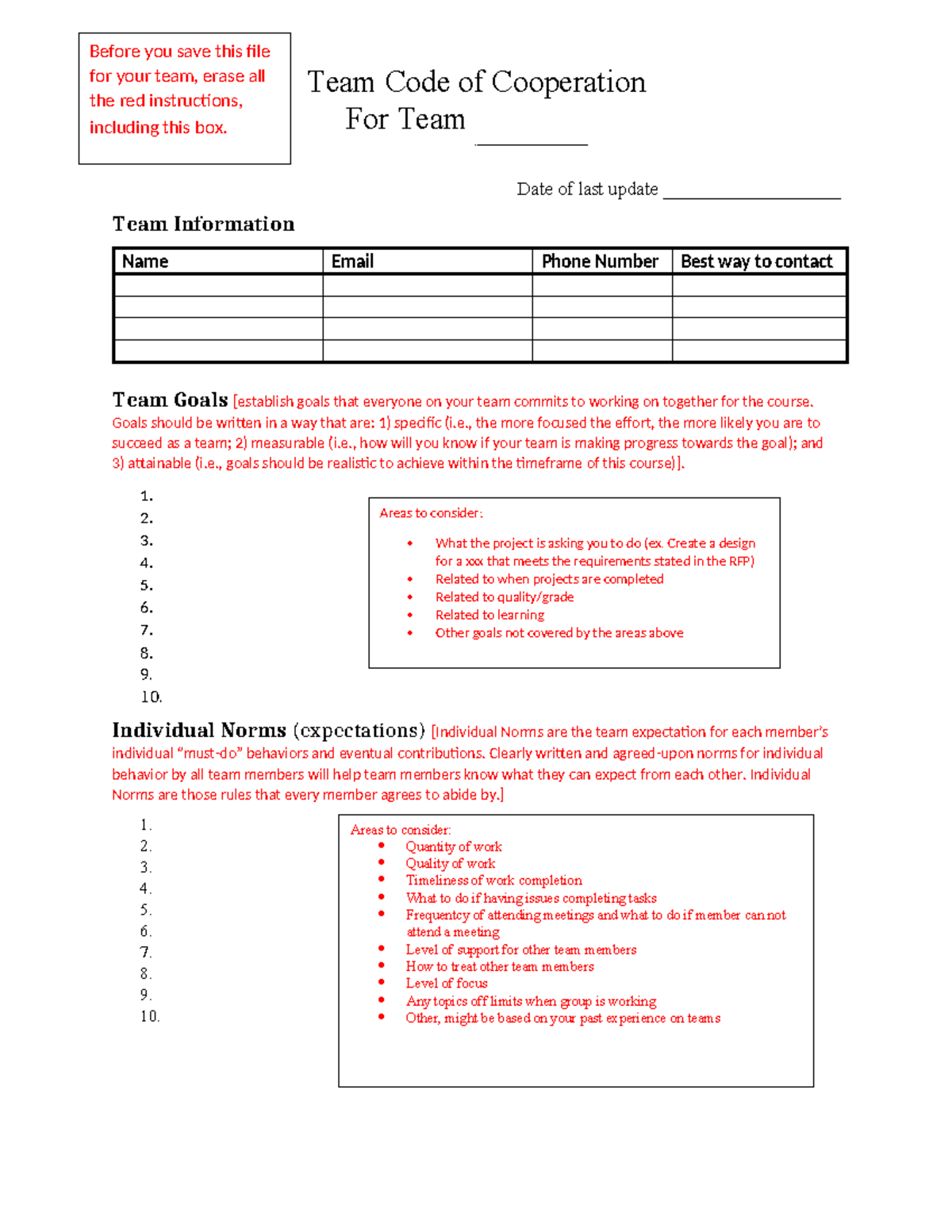 Code Of Cooperation Template - Team Code of Cooperation For Team Date ...