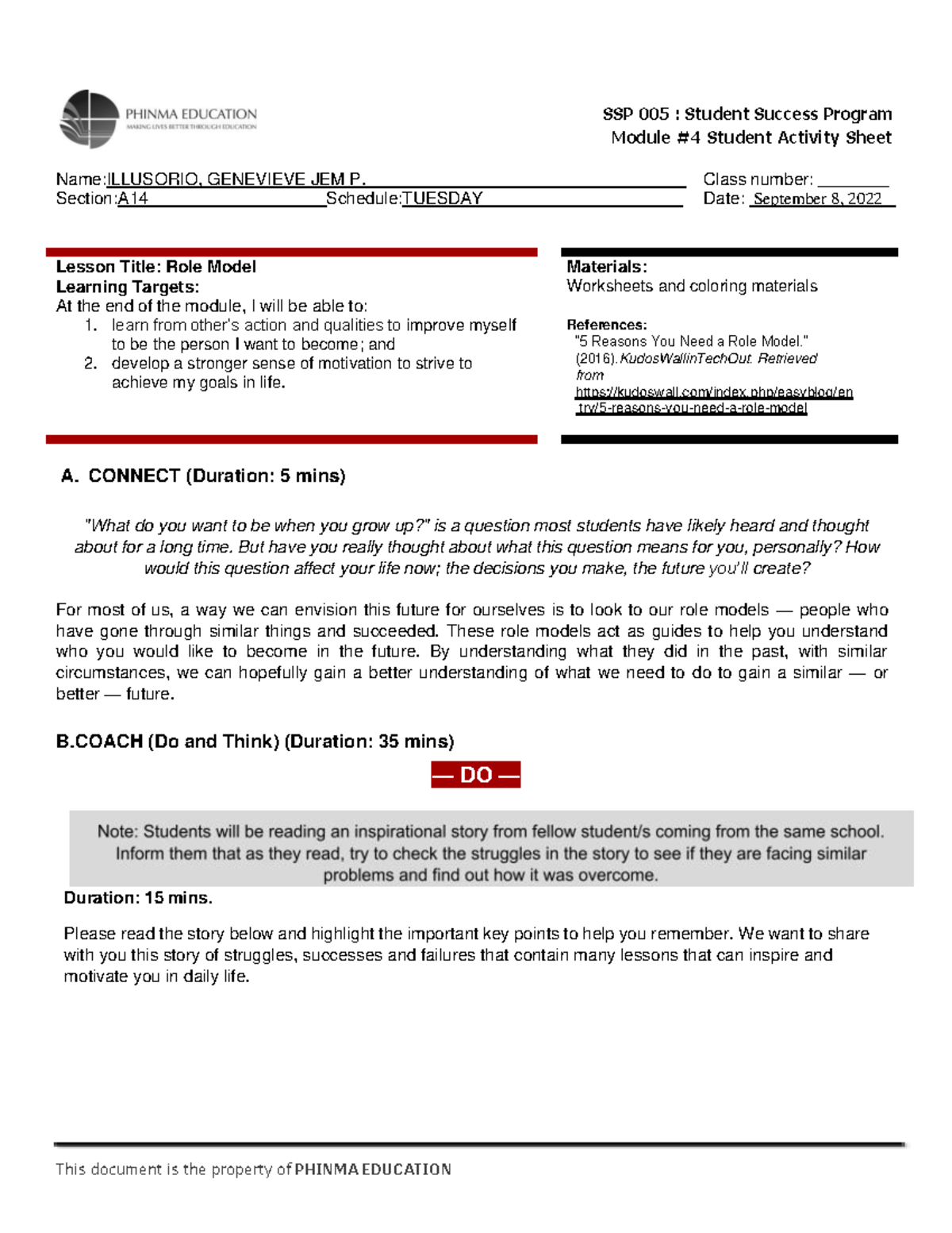 SSP005 Module 4 ROLE Model SAS.docx - Module #4 Student Activity Sheet ...