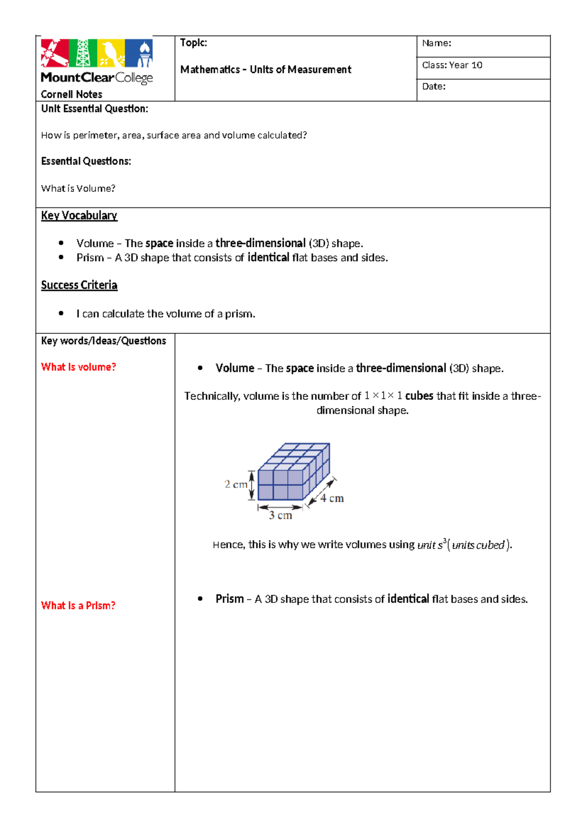 What is Volume Lesson Notes - Cornell Notes Topic: Mathematics – Units ...