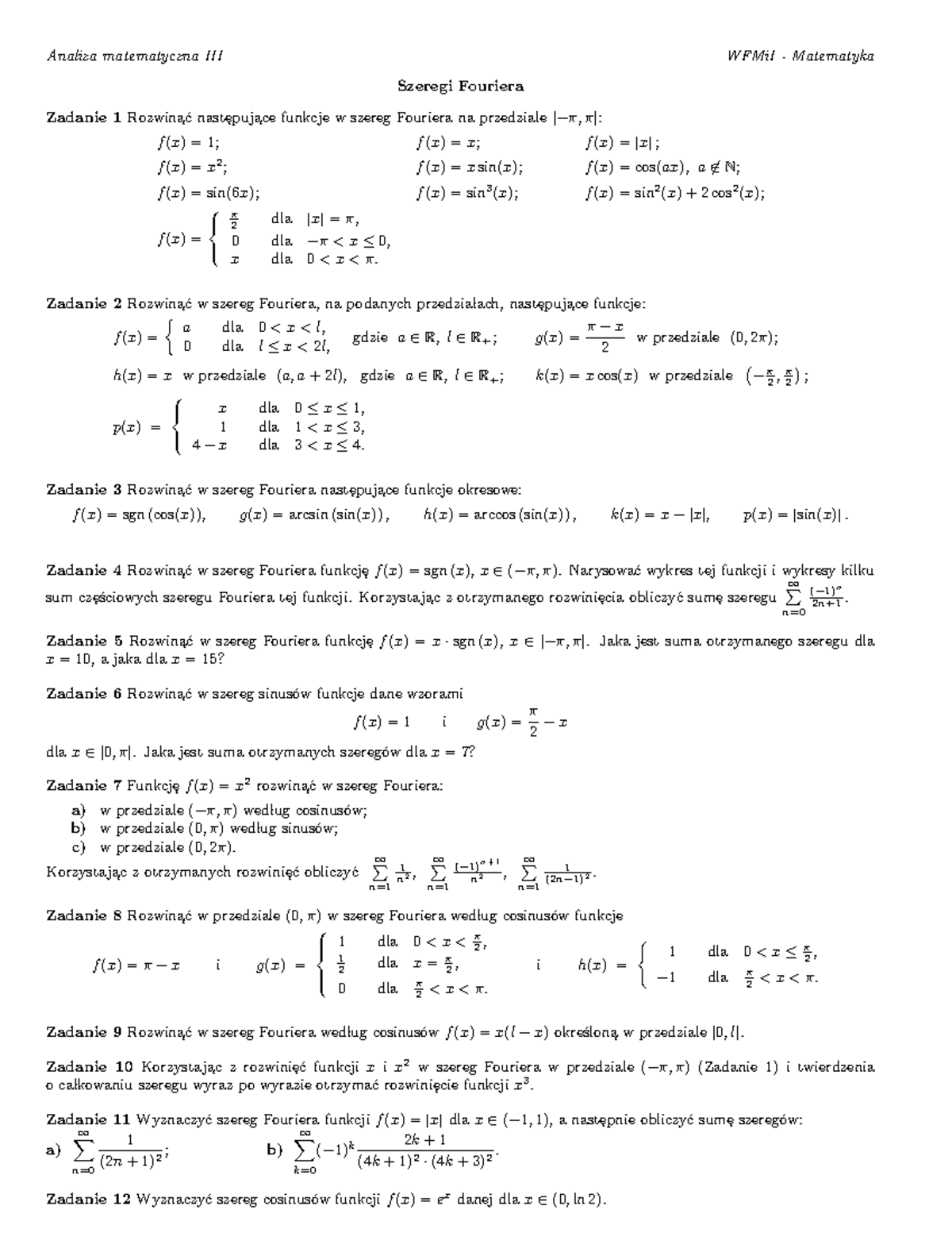 1. Szeregi Fouriera am3 fourier - Analiza matematyczna WFMiI Matematyka Szeregi Fouriera Zadanie ...