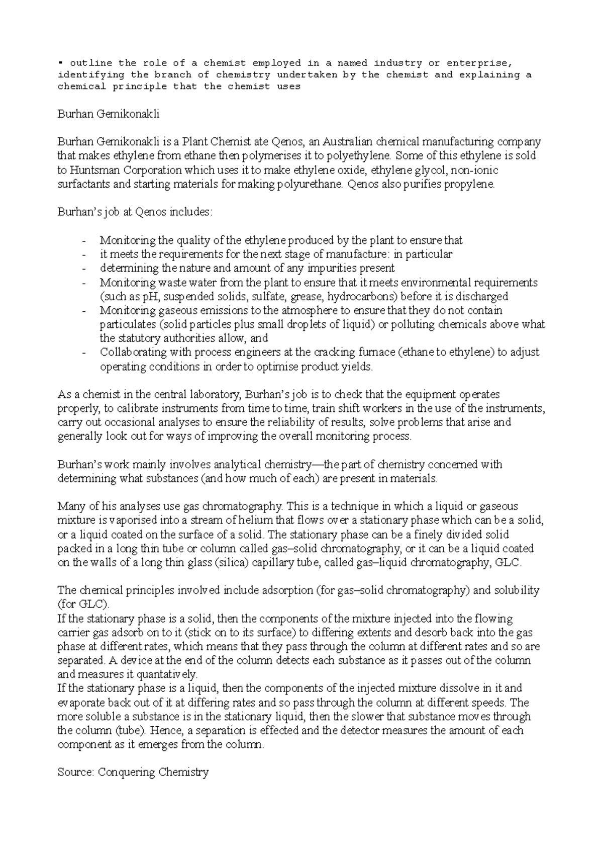 Chemist - Notes - outline the role of a chemist employed in a named ...