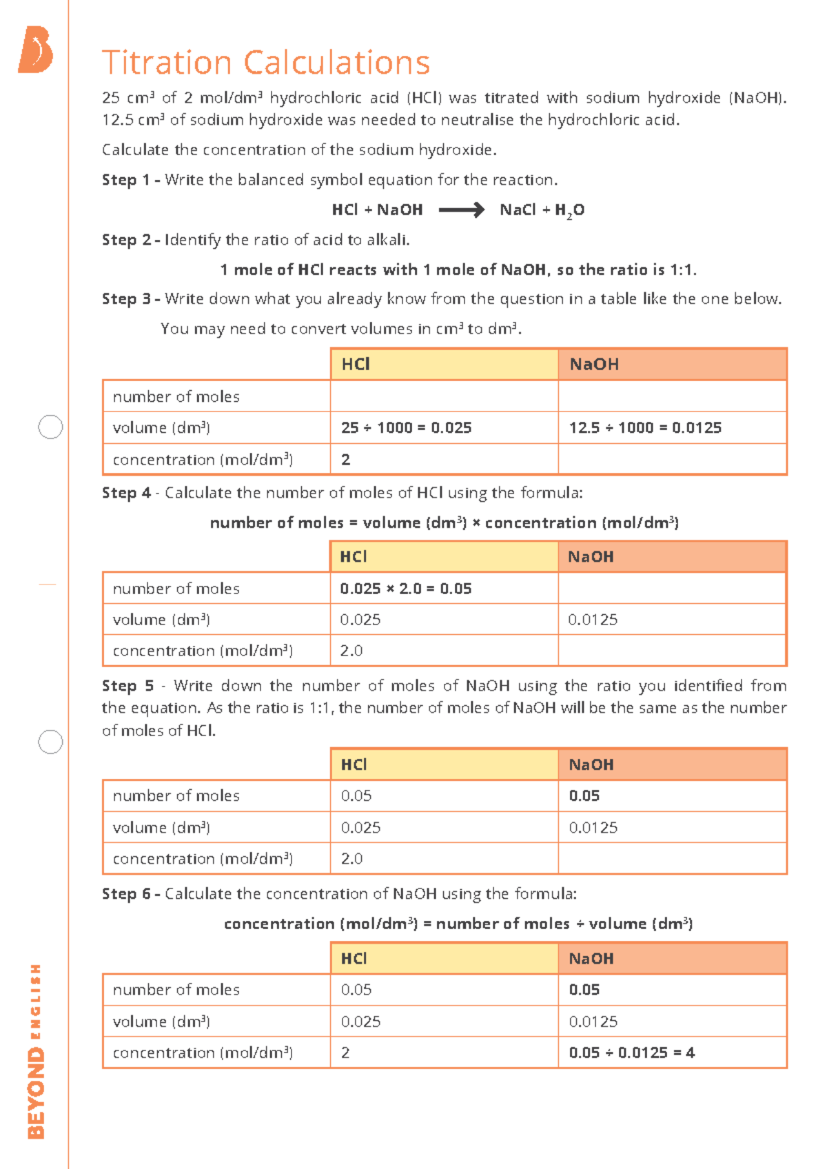Titration Calculations Help - Titration Calculations 25 cm 3 of 2 mol ...