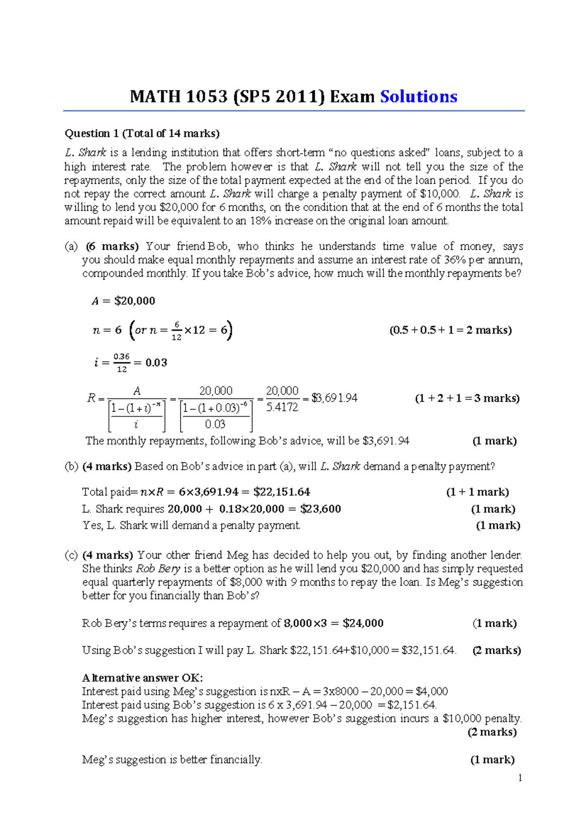 Exam 17 november 2011, questions and answers - MATH 1053 (SP5 2011 ...