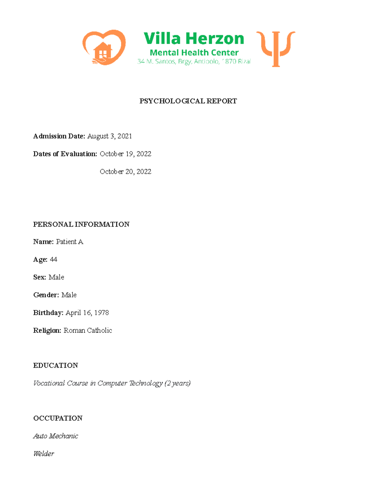 PR - Patient A - Sample Psychological Report for Students ...
