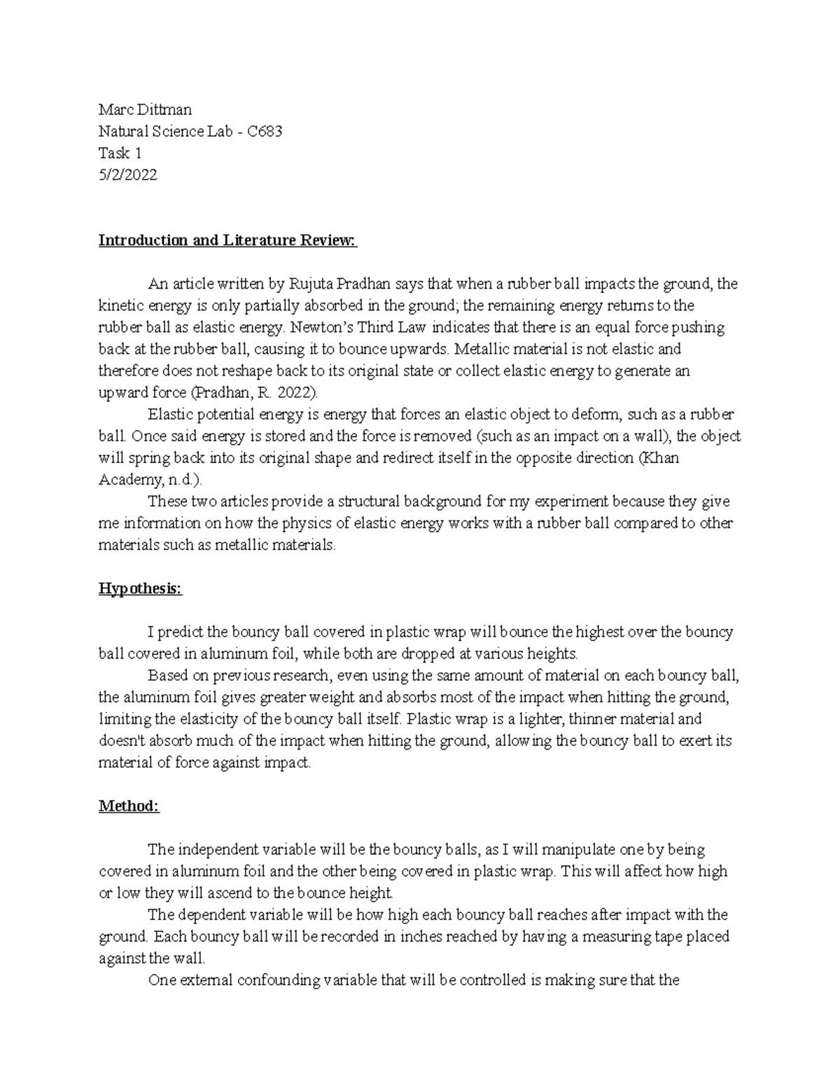 Science Task v3 - Paper - Marc Dittman Natural Science Lab - C Task 1 5 ...