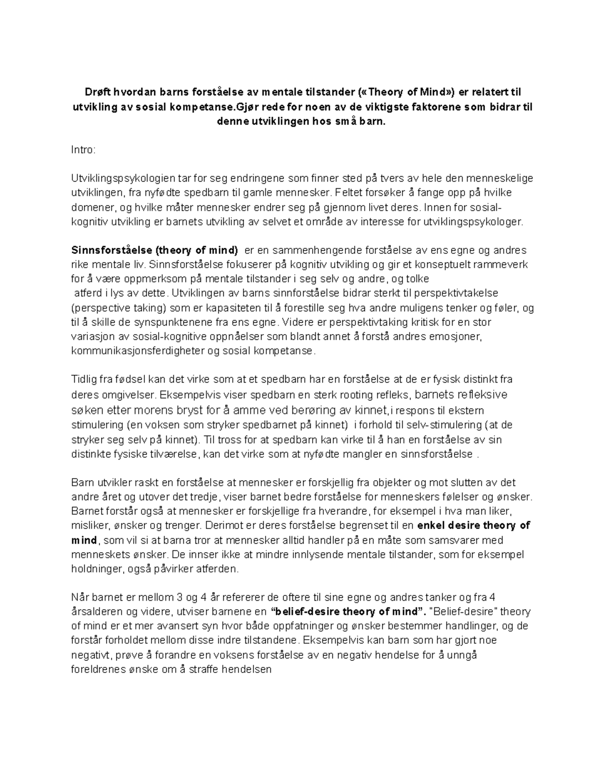 Theory of mind - Forberedelse til eksamen - Drøft hvordan barns forståelse av mentale tilstander ...
