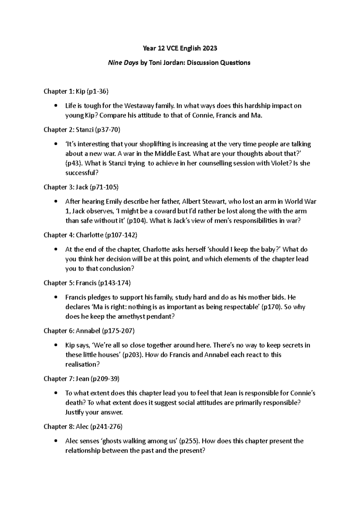Nine Days Comprehension Questions 2023 - Year 12 VCE English 2023 Nine ...