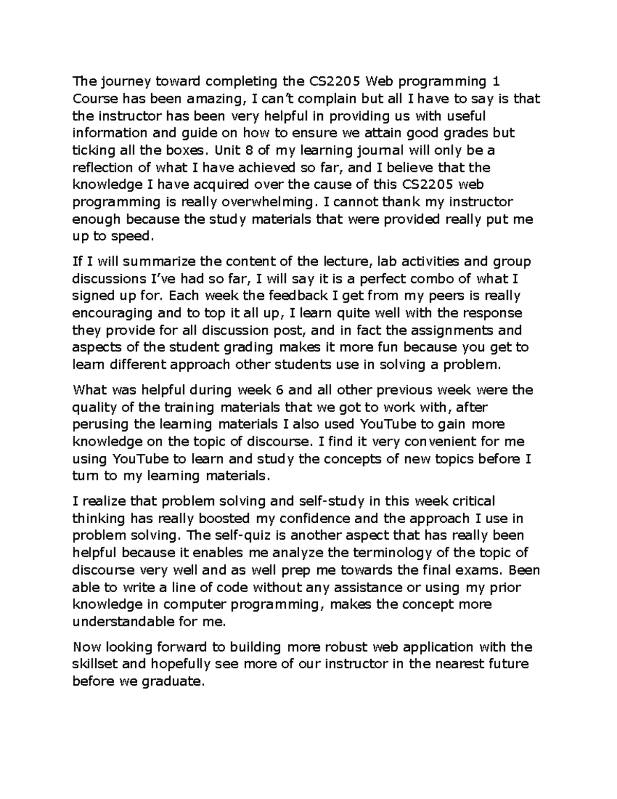 CS 2205 WEB Programming 1 Learning Journal Unit 8 - The journey toward completing the CS2205 Web ...