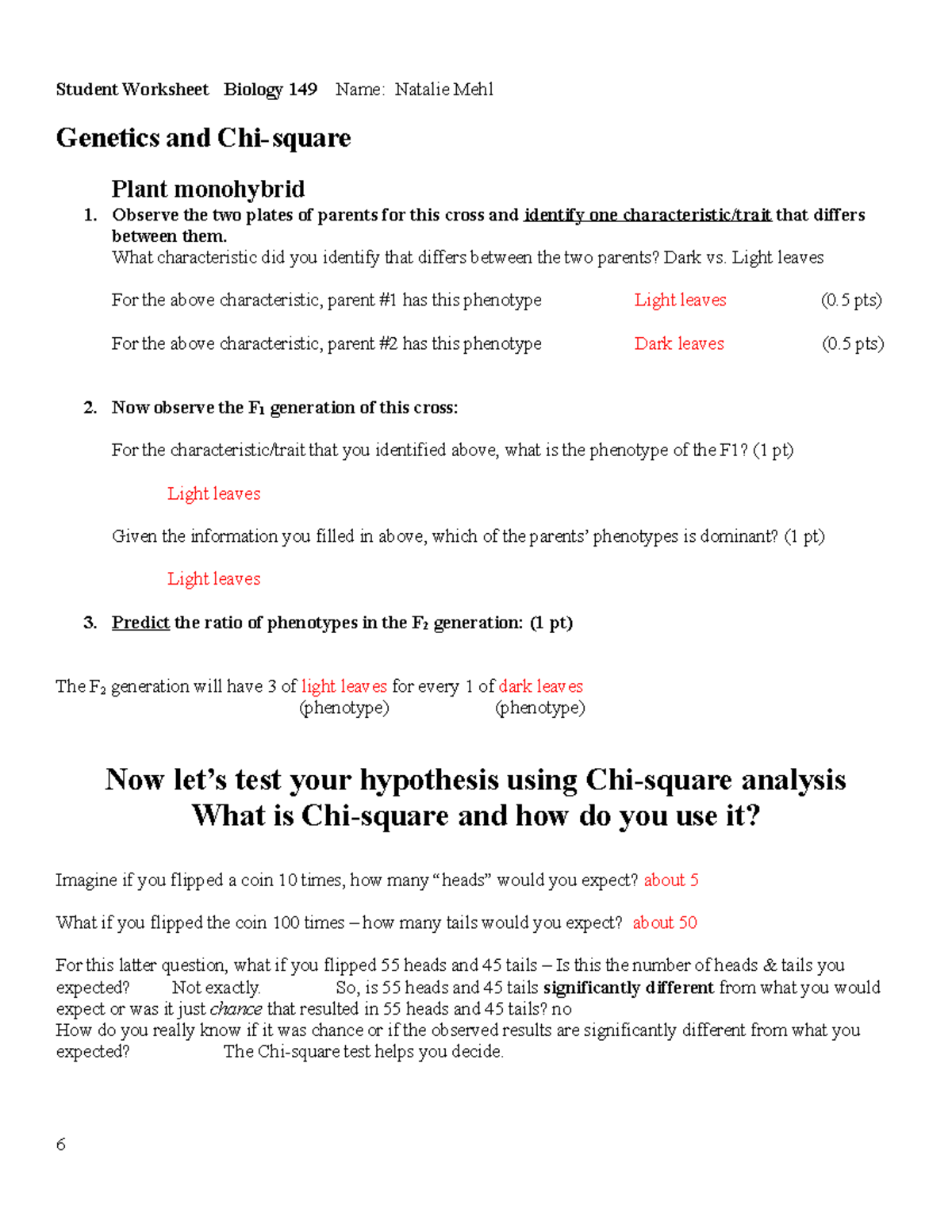 F2 genetics - hybrid semester - Student Worksheet Biology 149 Name ...