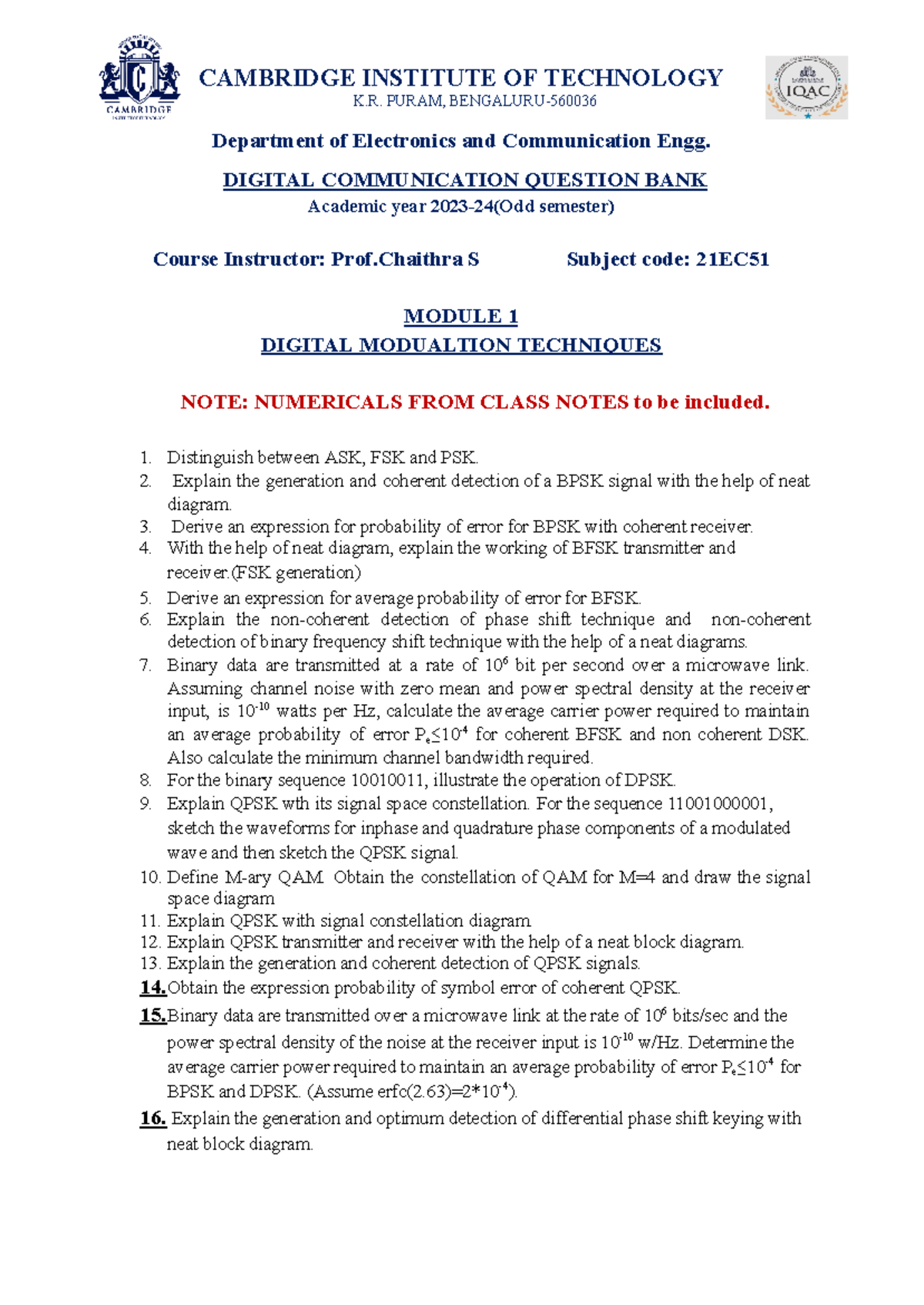 DC Module 1 Question Bank - CAMBRIDGE INSTITUTE OF TECHNOLOGY K. PURAM, BENGALURU- Department of ...
