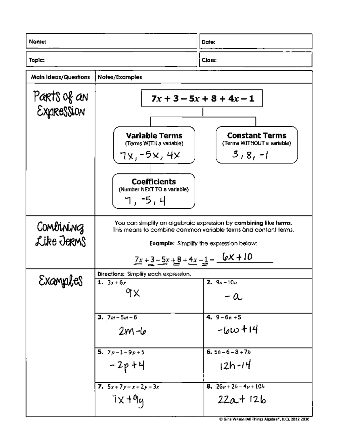 Adding and Subtracting Monomials Notes Answer Key - Studocu