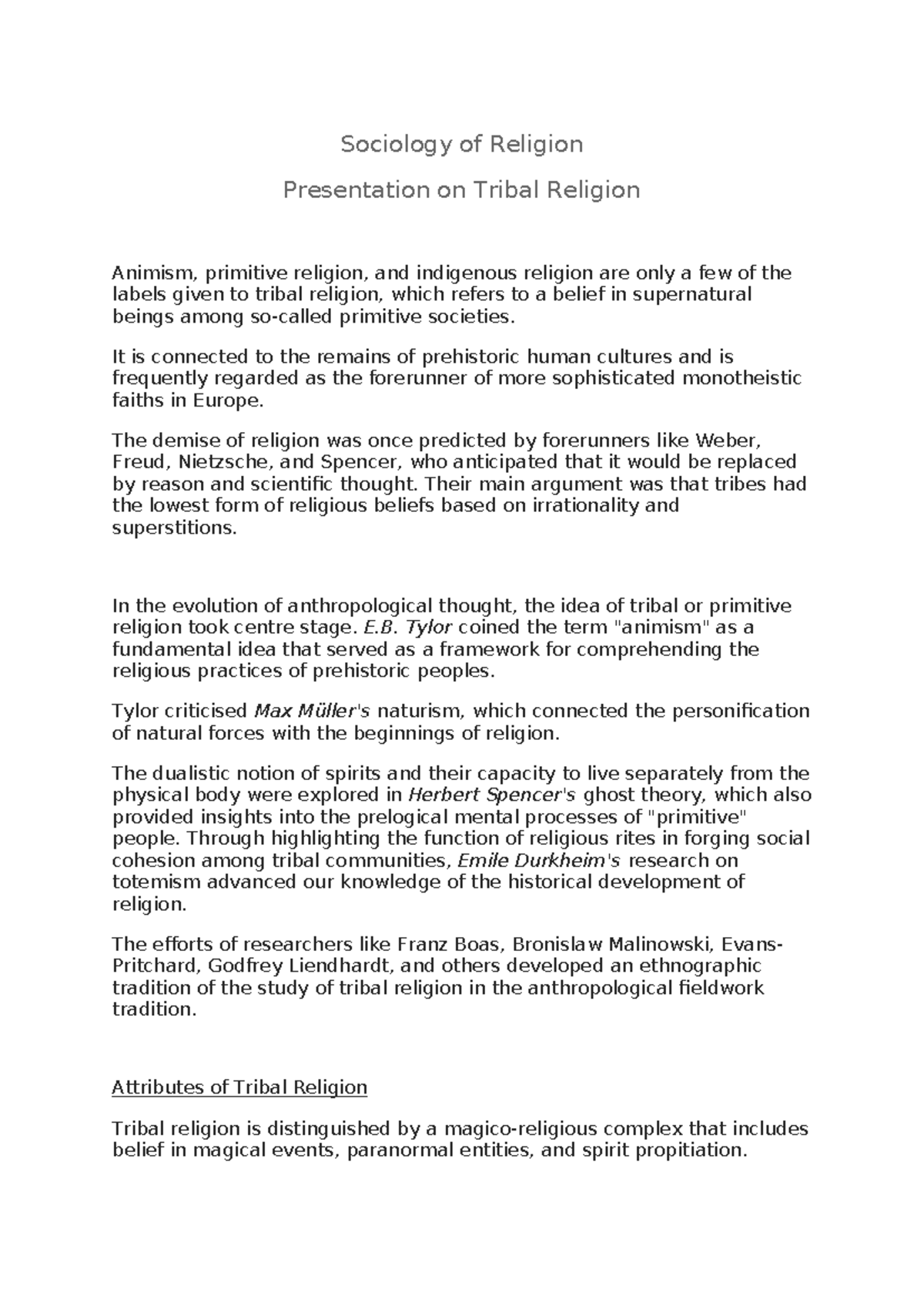 Sociology of Religion - Sociology of Religion Presentation on Tribal ...