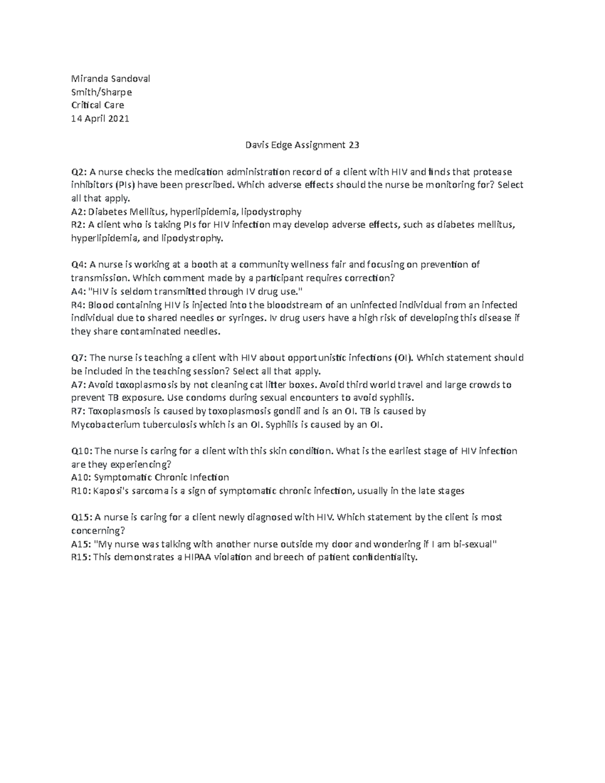 Davis Edge Assignment 4 - Miranda Sandoval Smith/Sharpe Critical Care ...