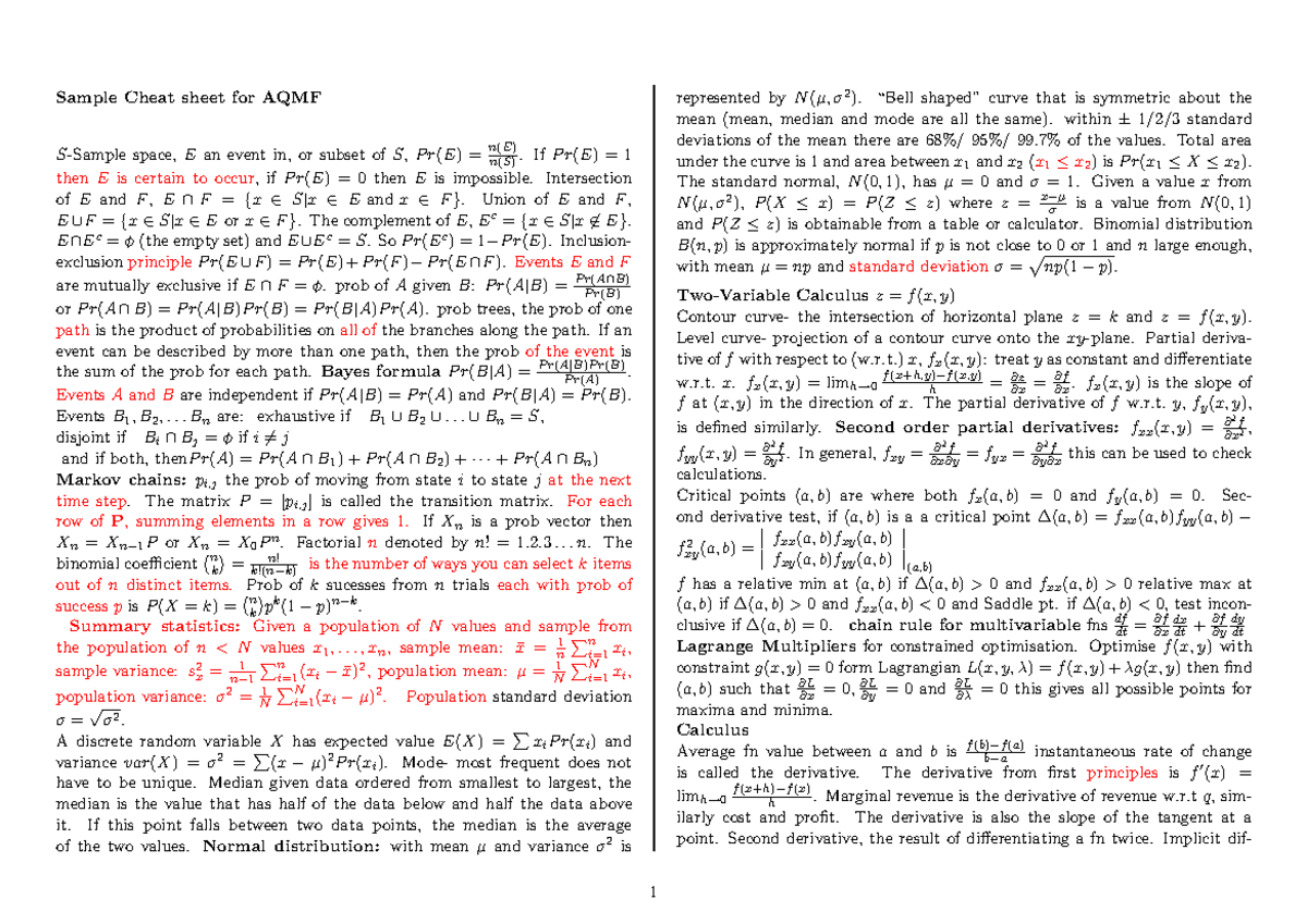 Cheat sheet suggestions - represented N 2 ). curve that is symmetric ...