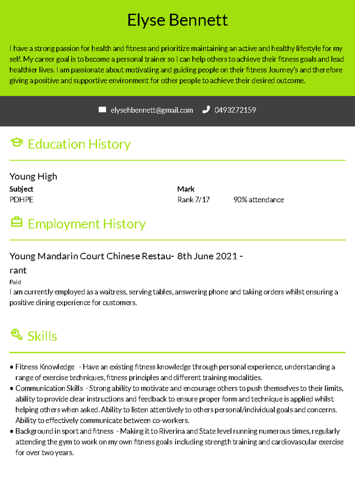 Resume - KWENCJKWEEC - Elyse Bennett I have a strong passion for health ...