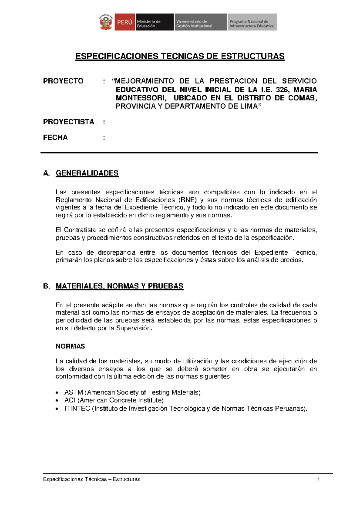 03 ET Estructuras - ESPECIFICACIONES TECNICAS DE ESTRUCTURAS PROYECTO : “MEJORAMIENTO DE LA ...