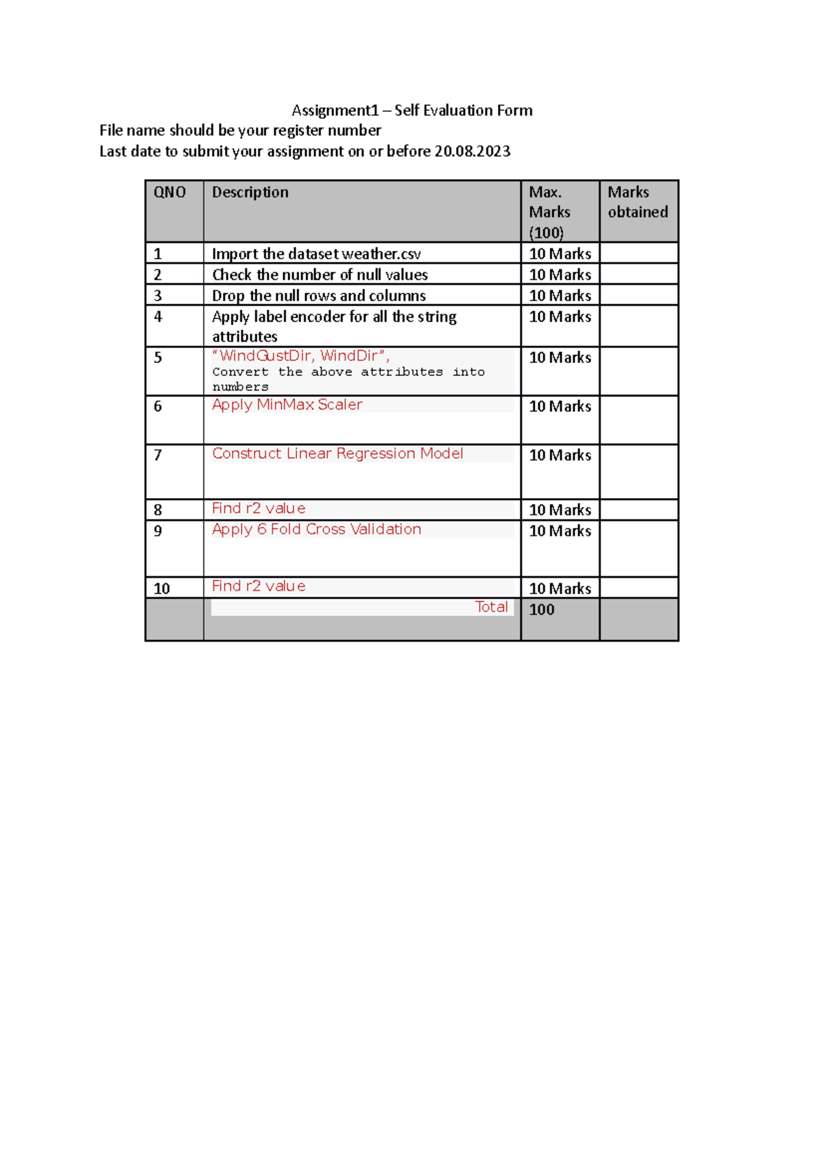 Assignment 2evaluation Assignment1 Self Evaluation Form File Name Should Be Your Register