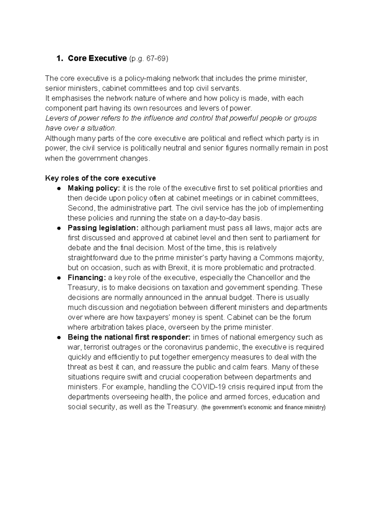 The Prime Minister and the Cabinet - 1. Core Executive (p. 67-69) The ...