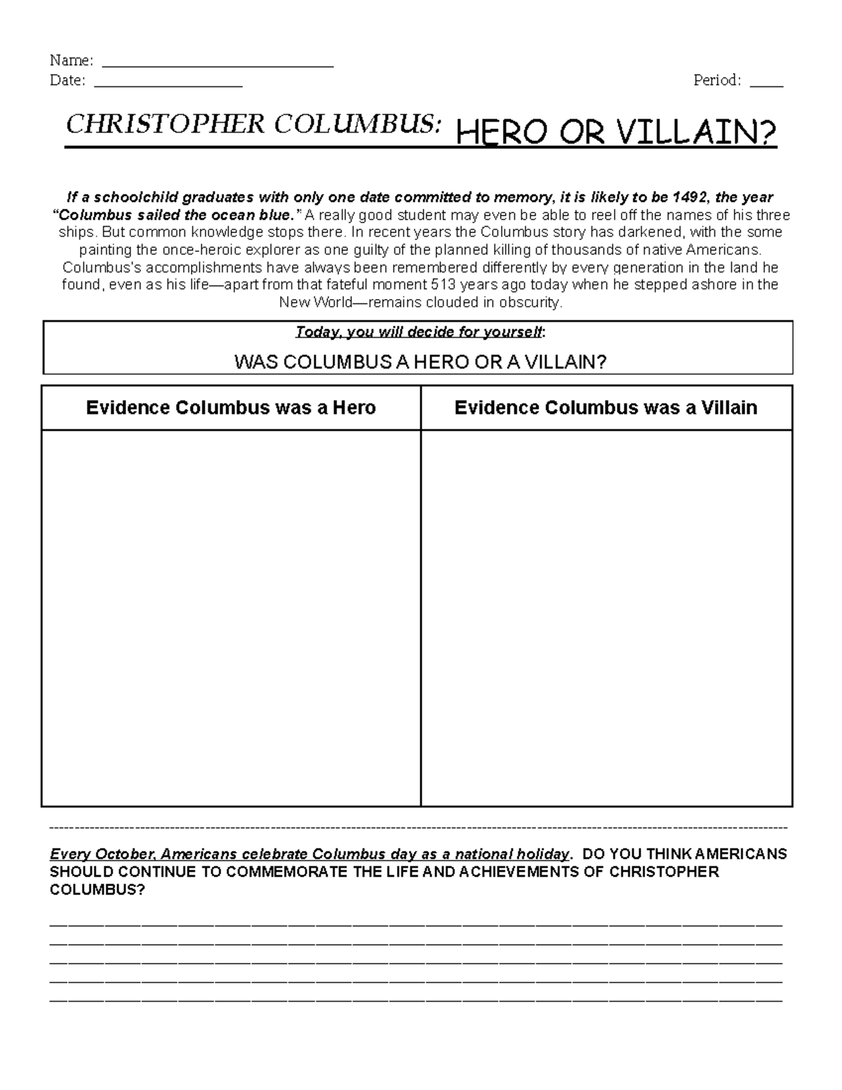 5 Columbus Hero or Villain - Name: ____________________________ Date ...