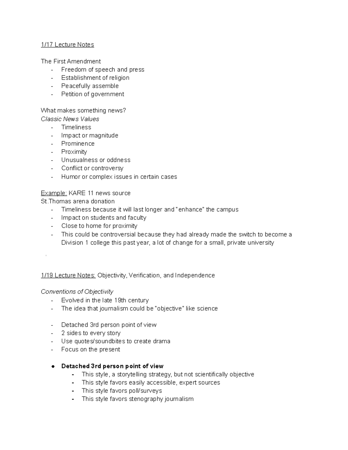 News Writing Lecture Notes 1 17 - 1/17 Lecture Notes The First ...