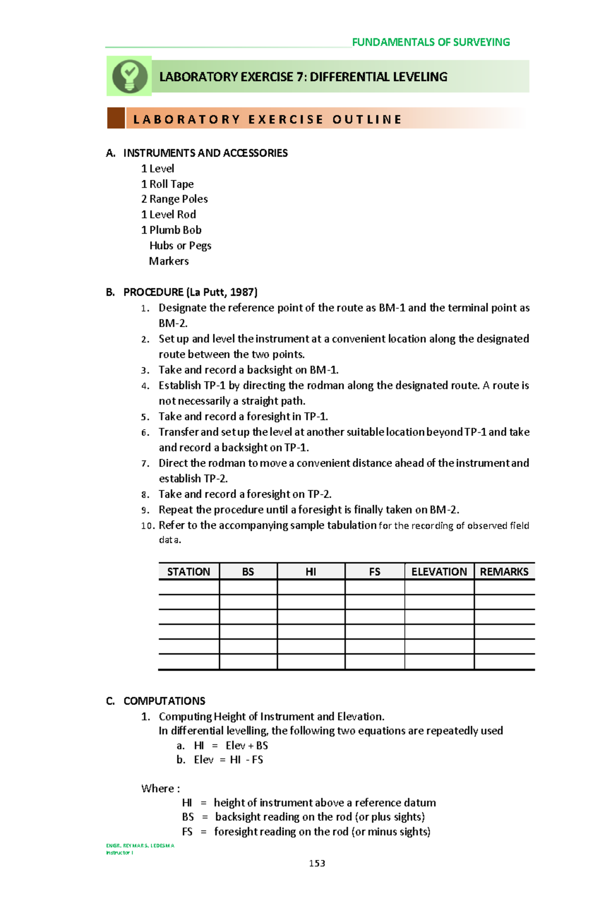 LAB Differential- Levelling - FUNDAMENTALS OF SURVEYING ENGR. REYMAR S ...