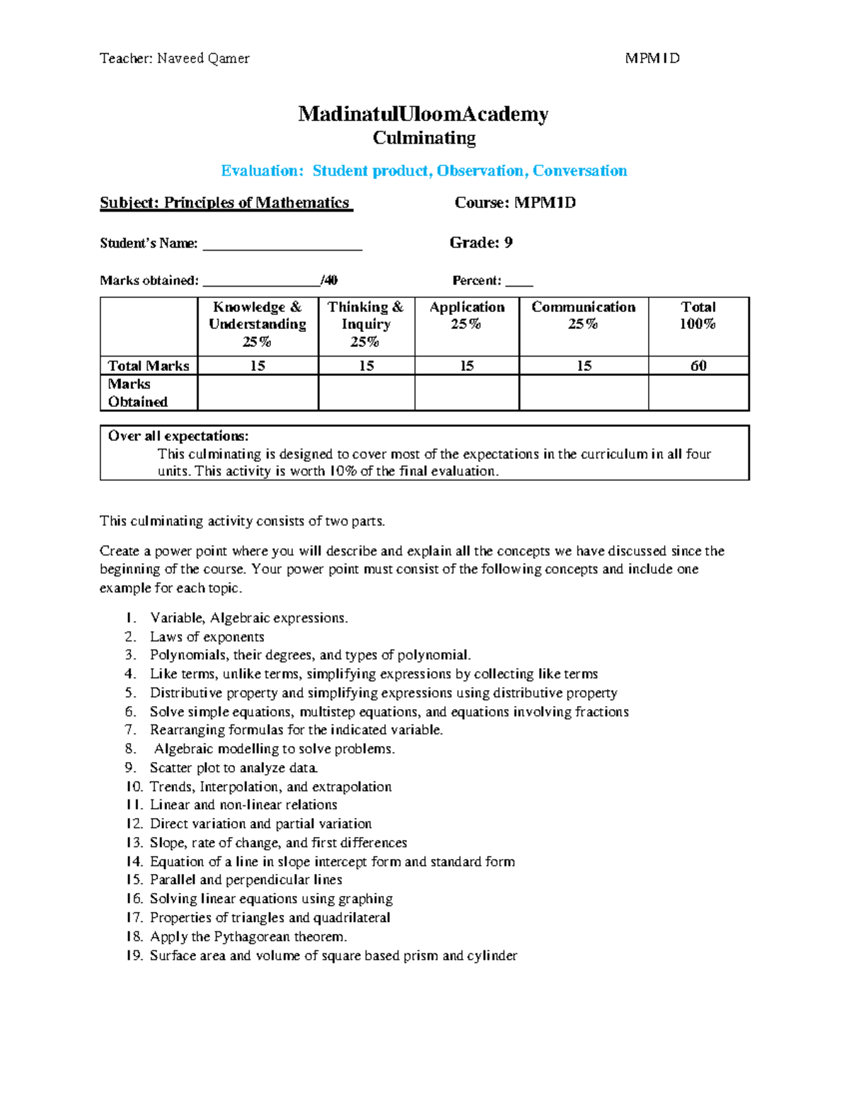 MUA MPM1D Grade 9 2020/21 Math Final Culminating Assignment rubric and ...