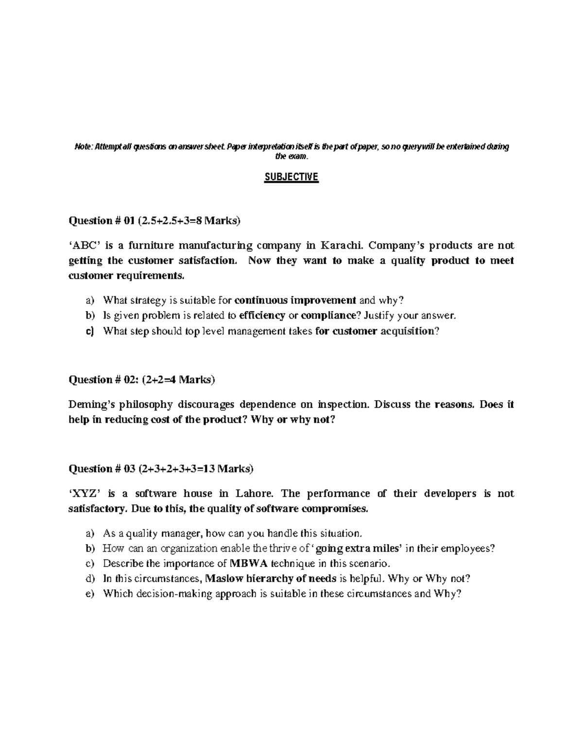 TQM MID Paper 4 - UNIVERSITY OF GUJRAT (Sialkot Sub Campus) MID-TERM EXAMINATION Spring- Course ...