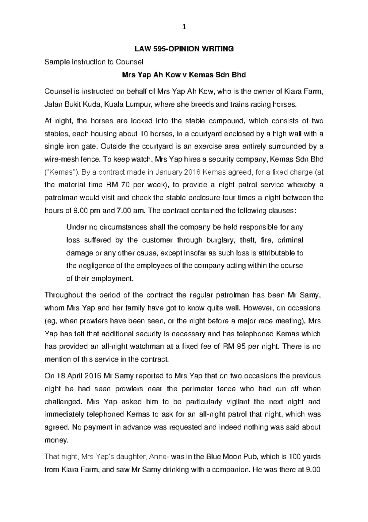 Mrs Yap Ah Kow v Kemas sdn Bhd - 1 LAW 595-OPINION WRITING Sample ...