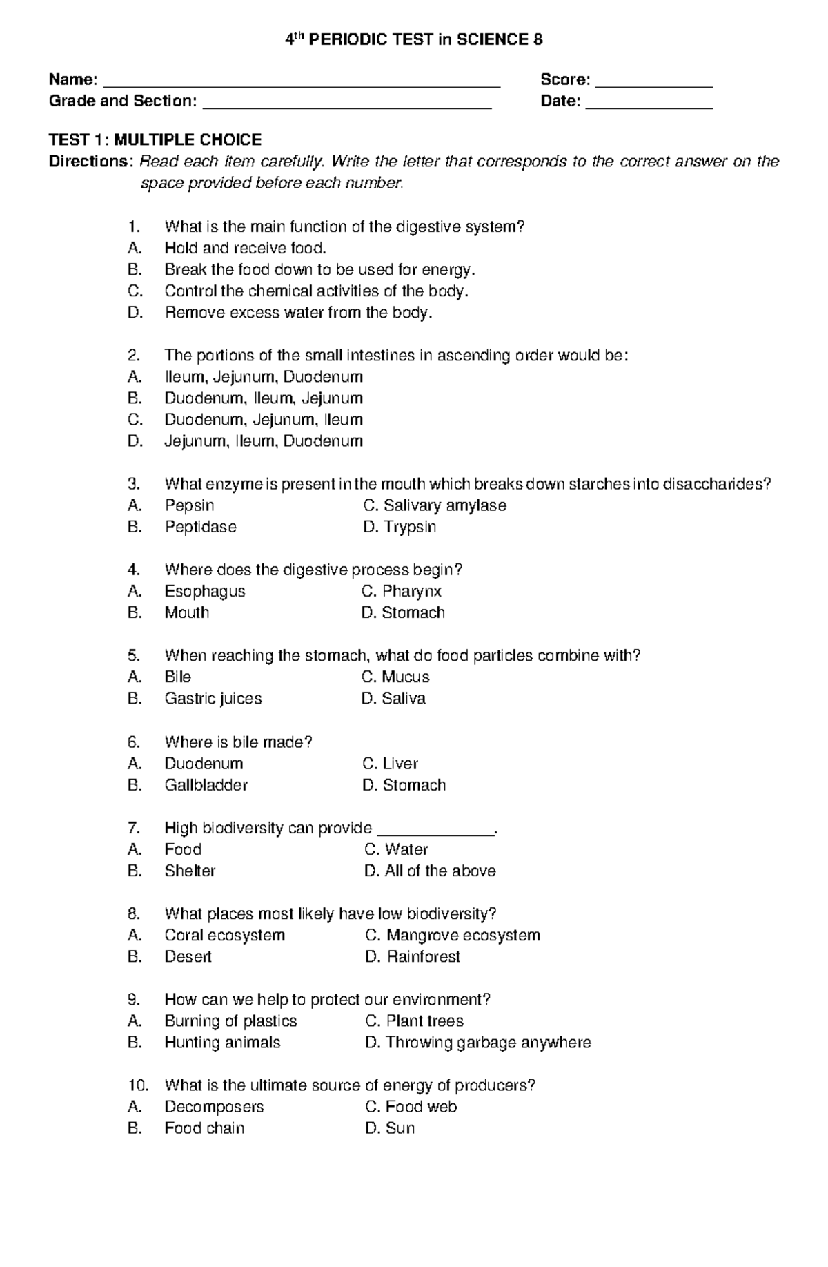 4th Periodic TEST in Science 8 - 4 th PERIODIC TEST in SCIENCE 8 Name ...
