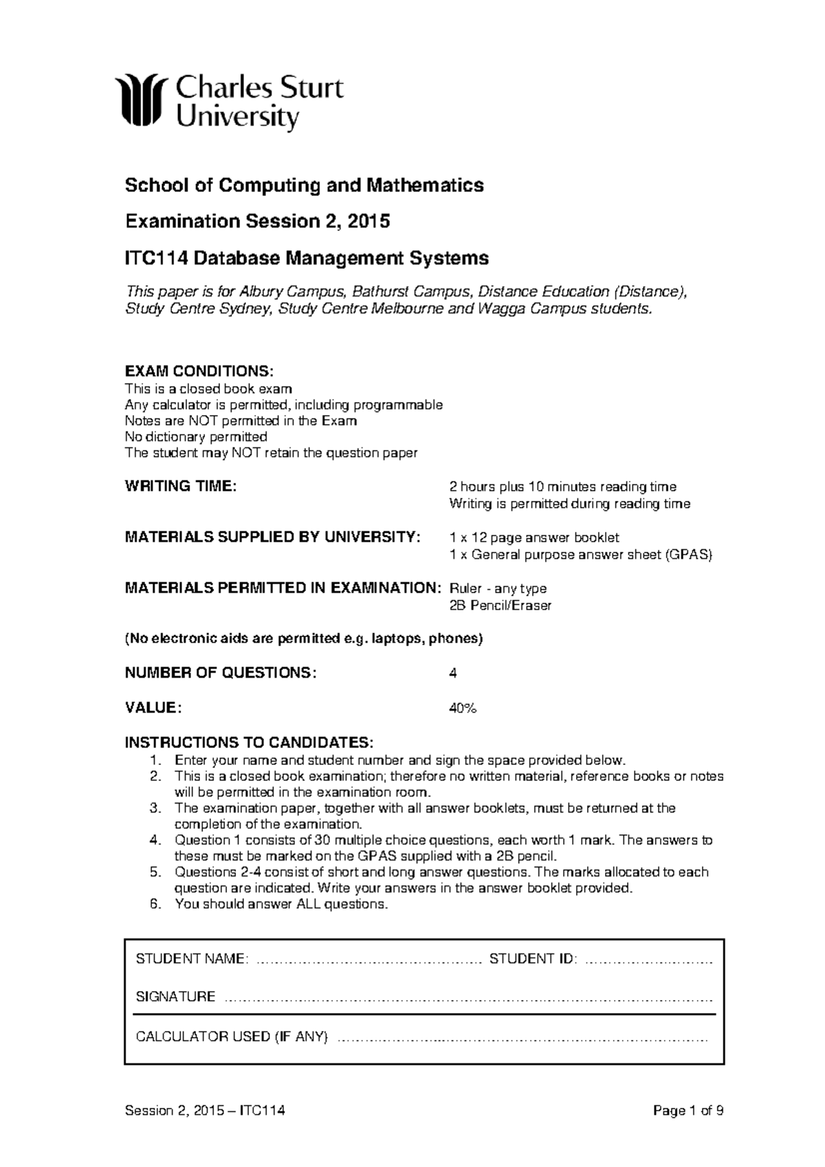 Exam 2015 w/Answers - School of Computing and Mathematics Examination ...