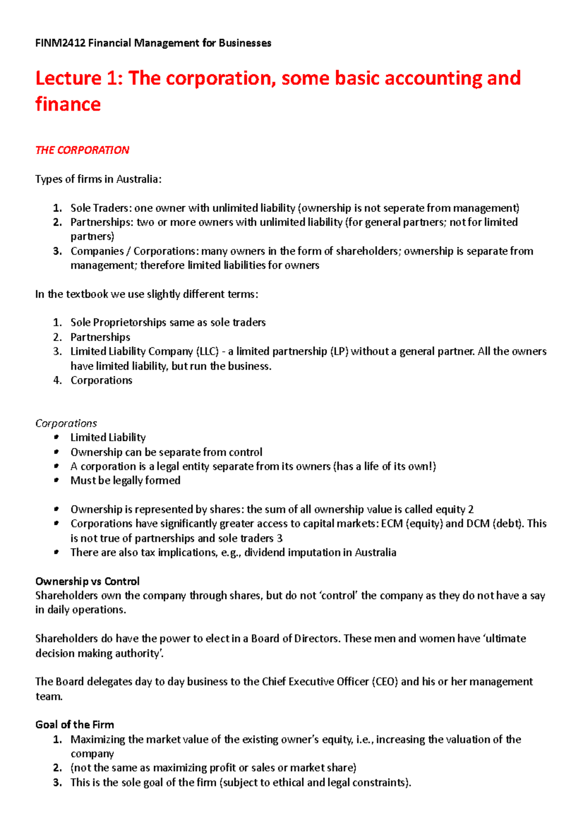 FINM2412 L1-L5 - Lecture 1-5 notes - FINM2412 Financial Management for ...